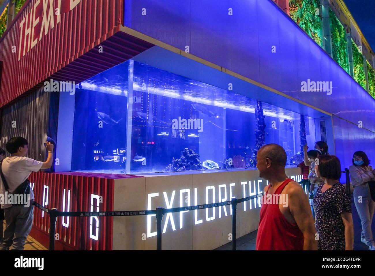 CHENGDU, CHINA - JUNE 22, 2021 - An L-shaped fish tank with sharks on ...