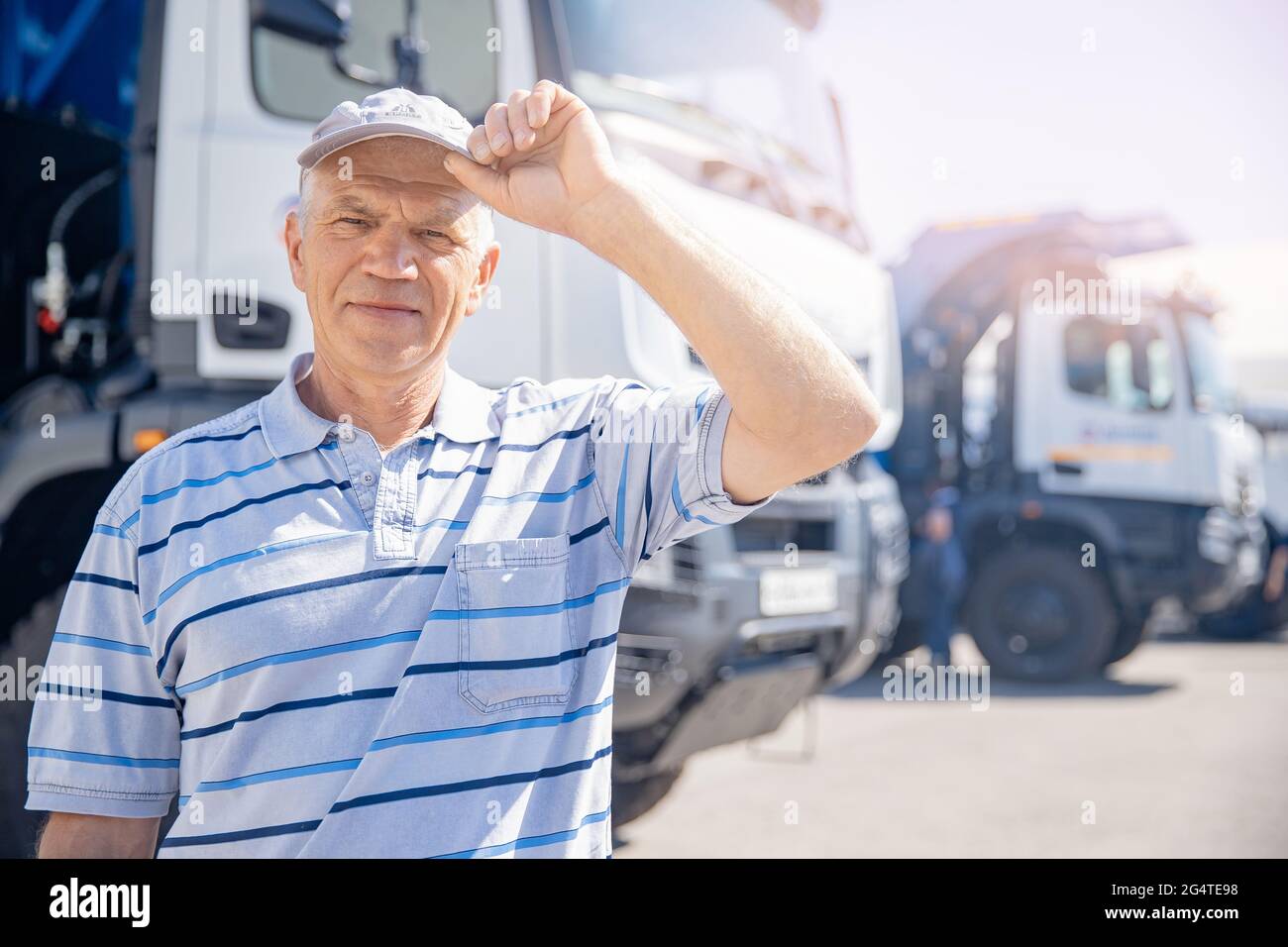 Portrait of driver truck man standing background lorry. Concept ...