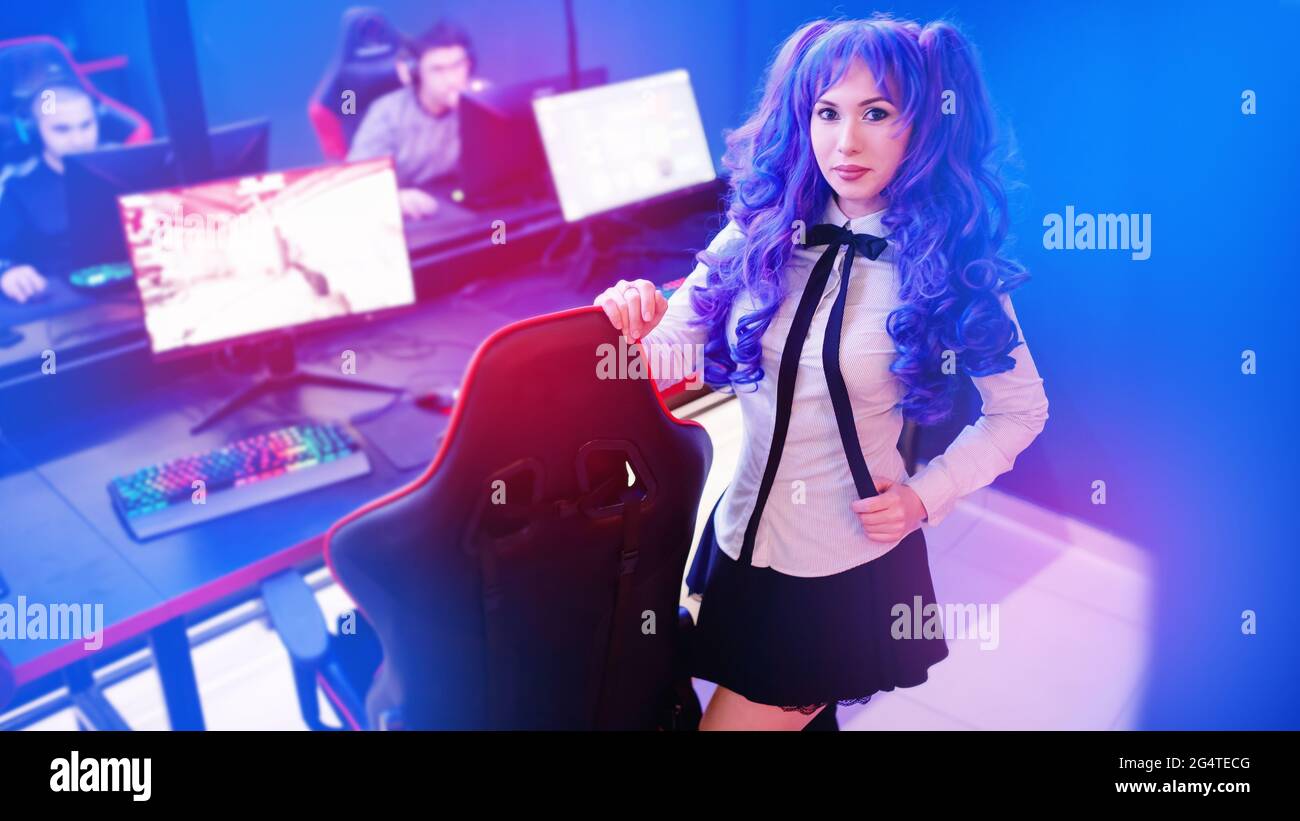 Streamer anime cosplay woman professional gamer playing online video ...