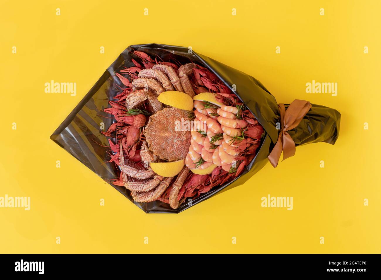 Creative edible Food bouquet on yellow background. Handmade bouquet for ...