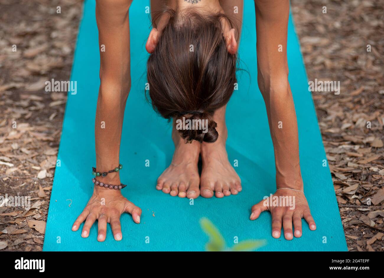 Doing stretching in the woods. Women in harmony with nature Stock Photo ...