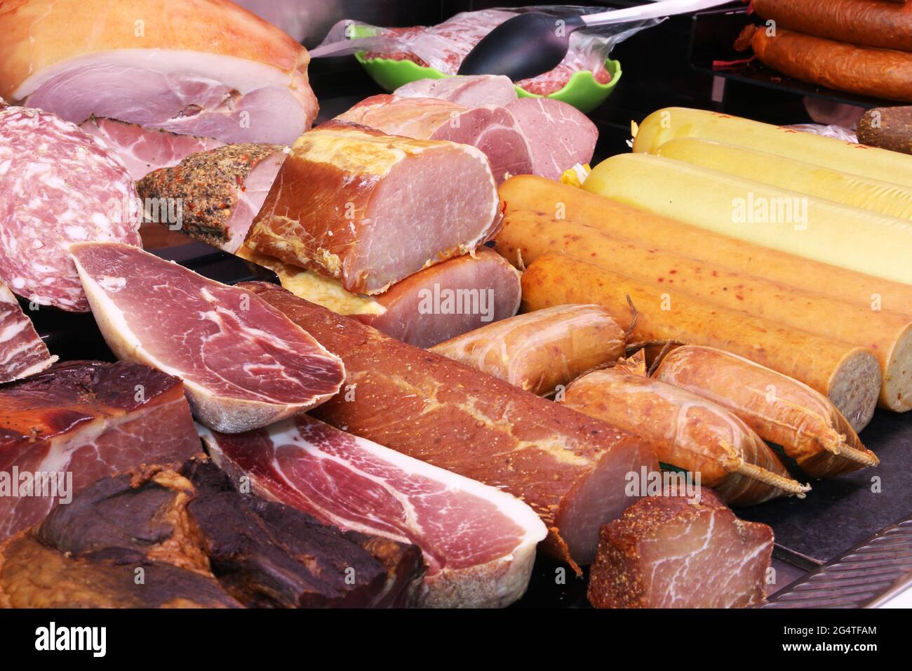 Sausage counter in a butcher's shop Stock Photo - Alamy