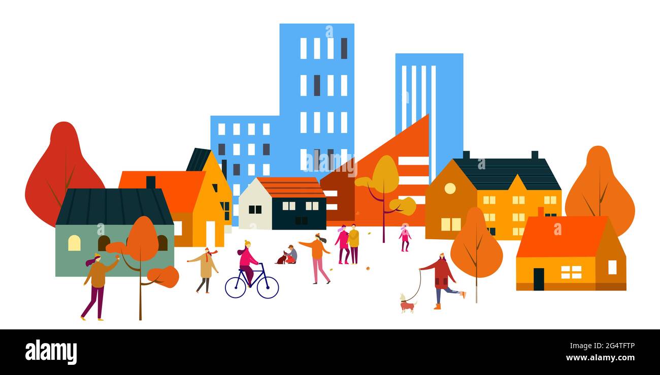 Vector illustration in flat simple linear style - people walking in the ...