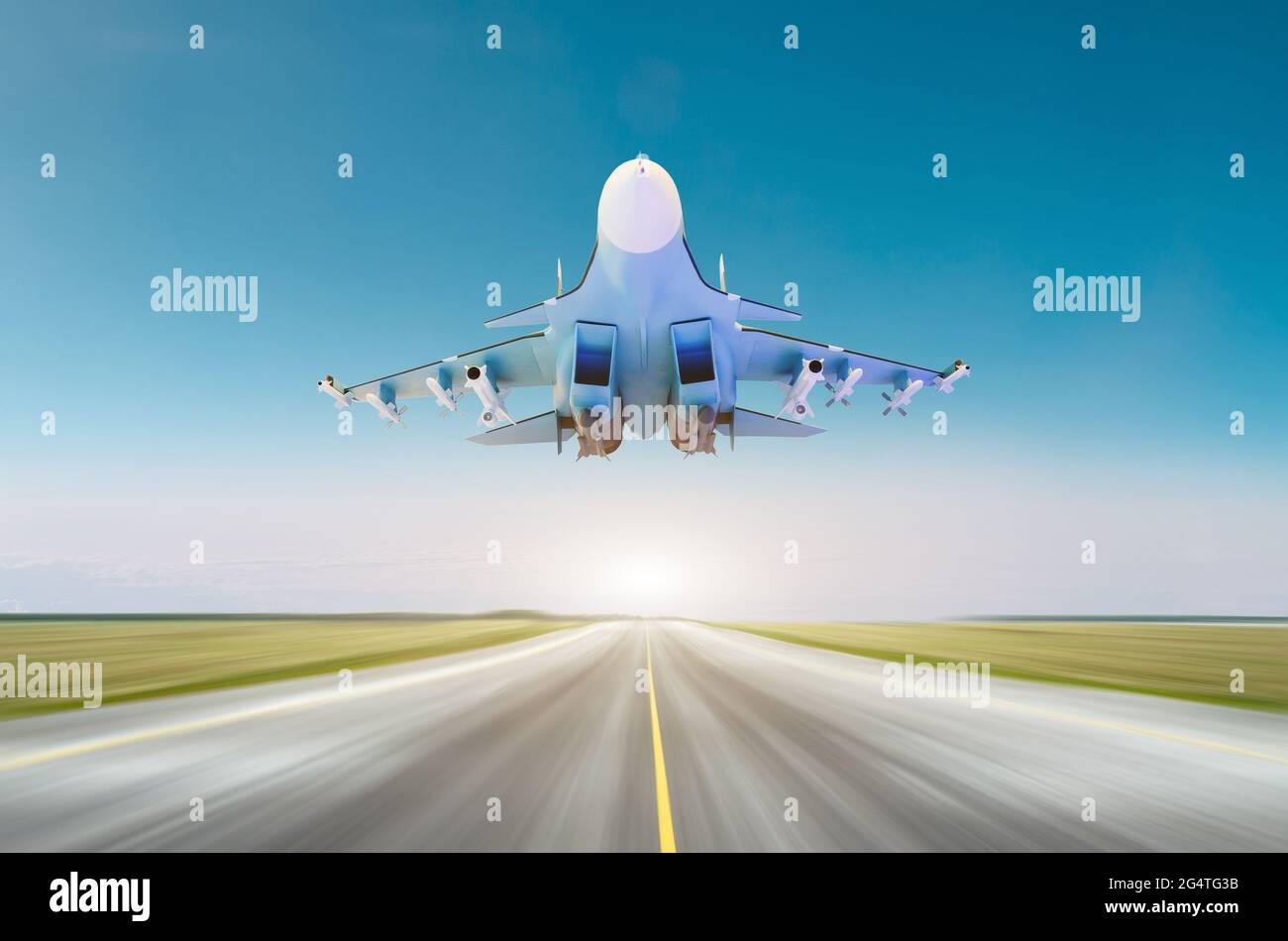 Military fighter jet aircraft at high speed, flying above runway at ...
