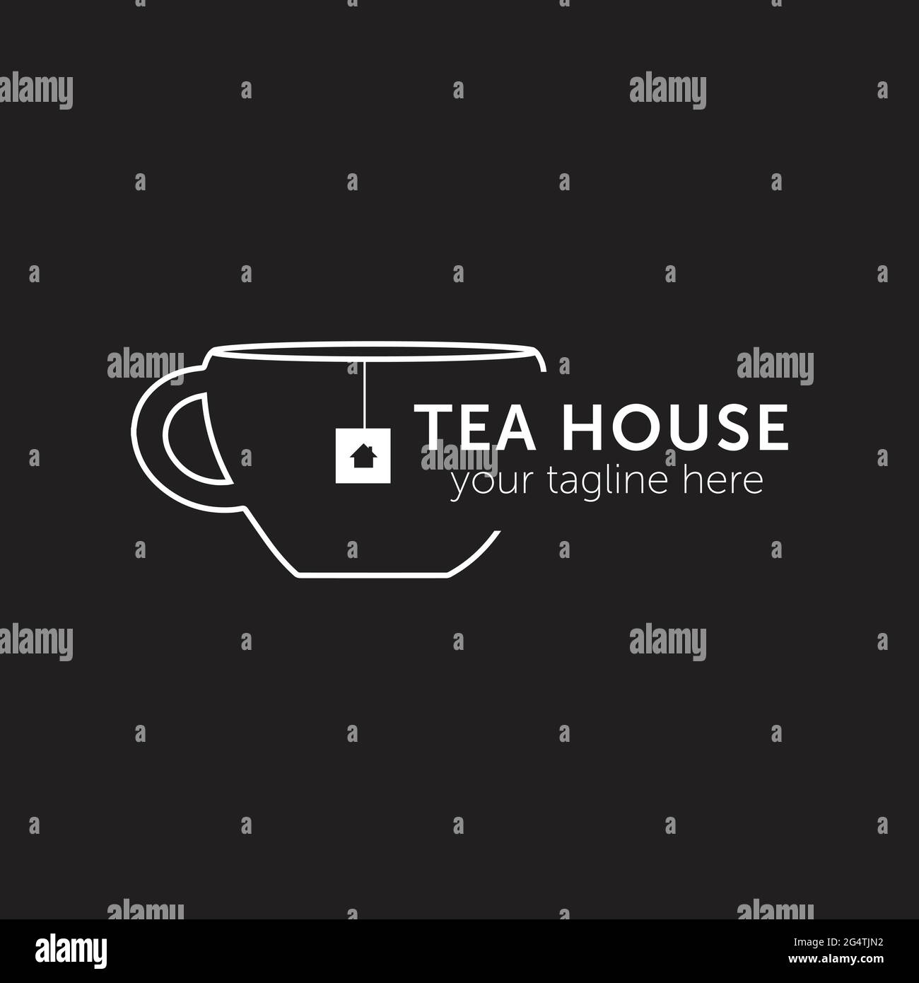 White outline tea house logo template with black background vector ...