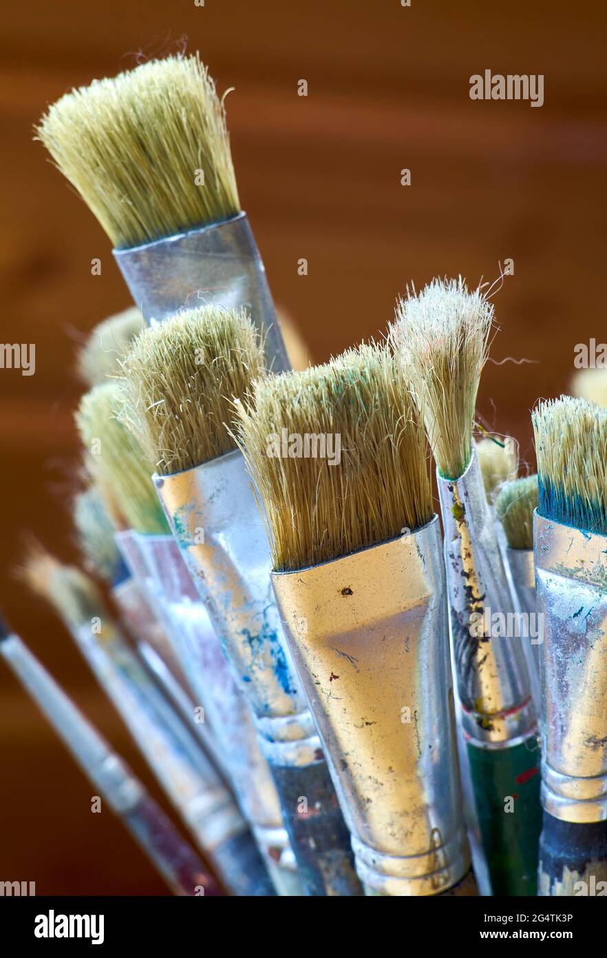 old used paint brushes stained with paints for painting pictures Stock ...