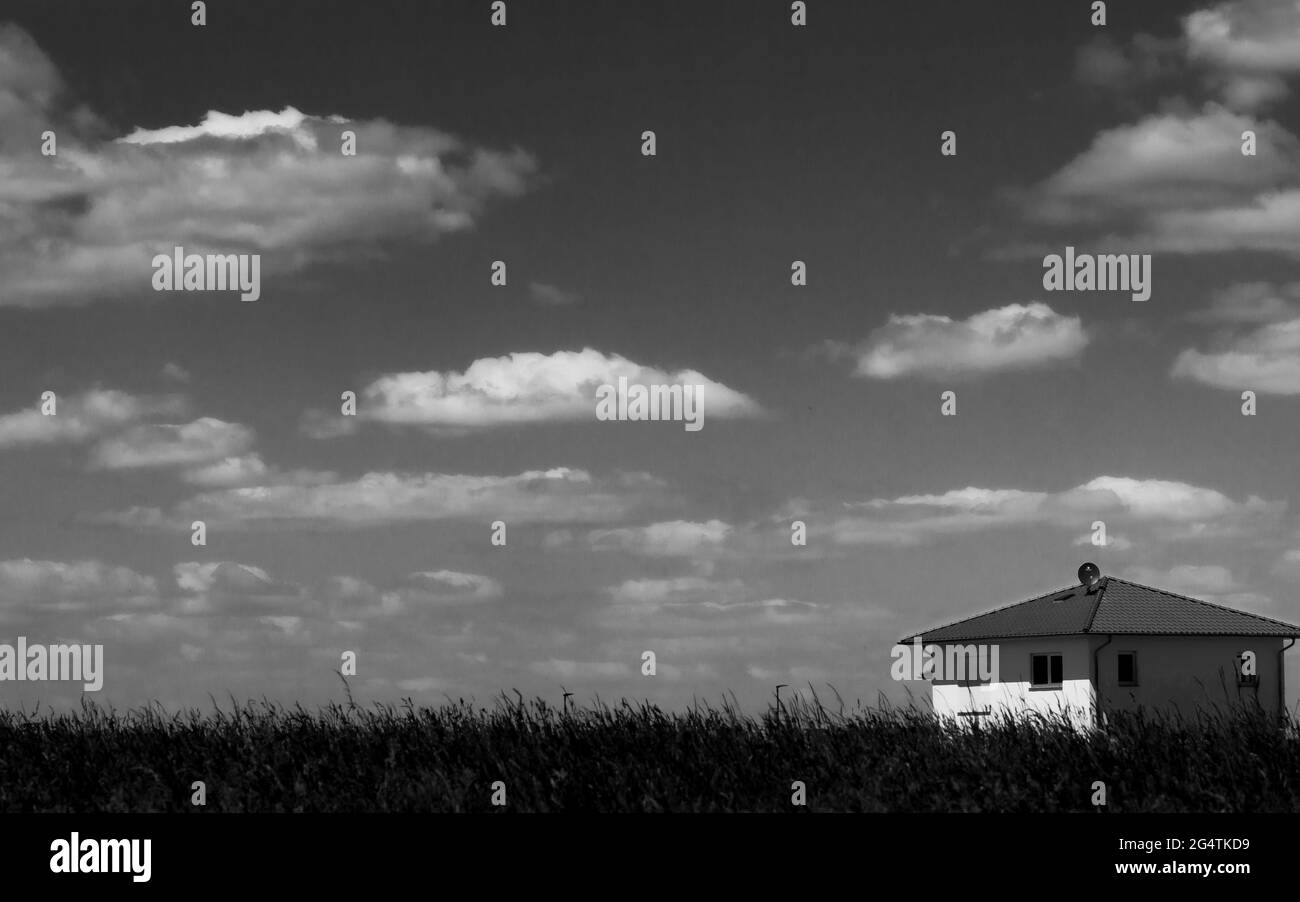 Grayscale shot of an old house in the field under a cloudy sky Stock ...