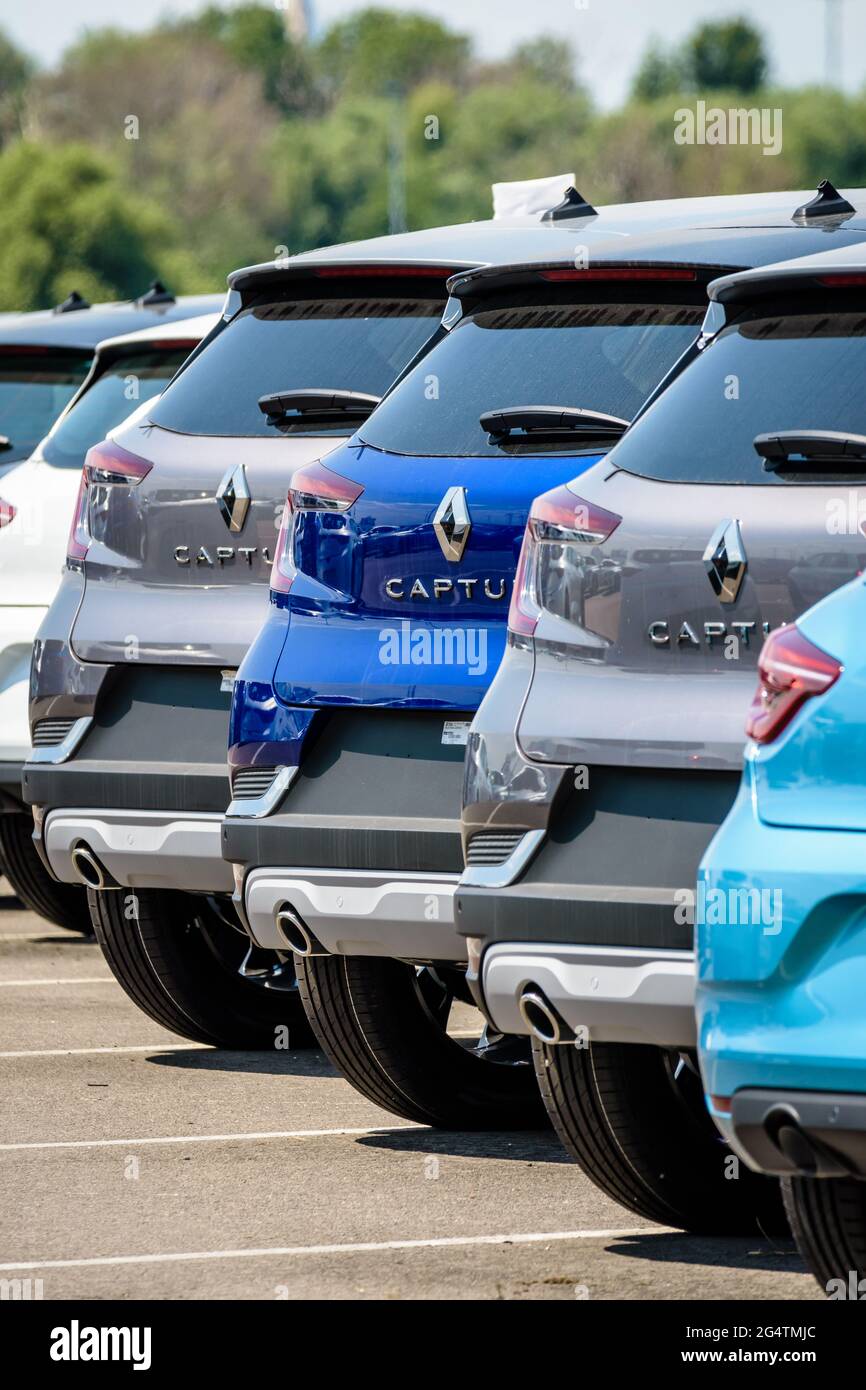 Brand new Renault cars lined up in the parking lot of the roll-on/roll ...