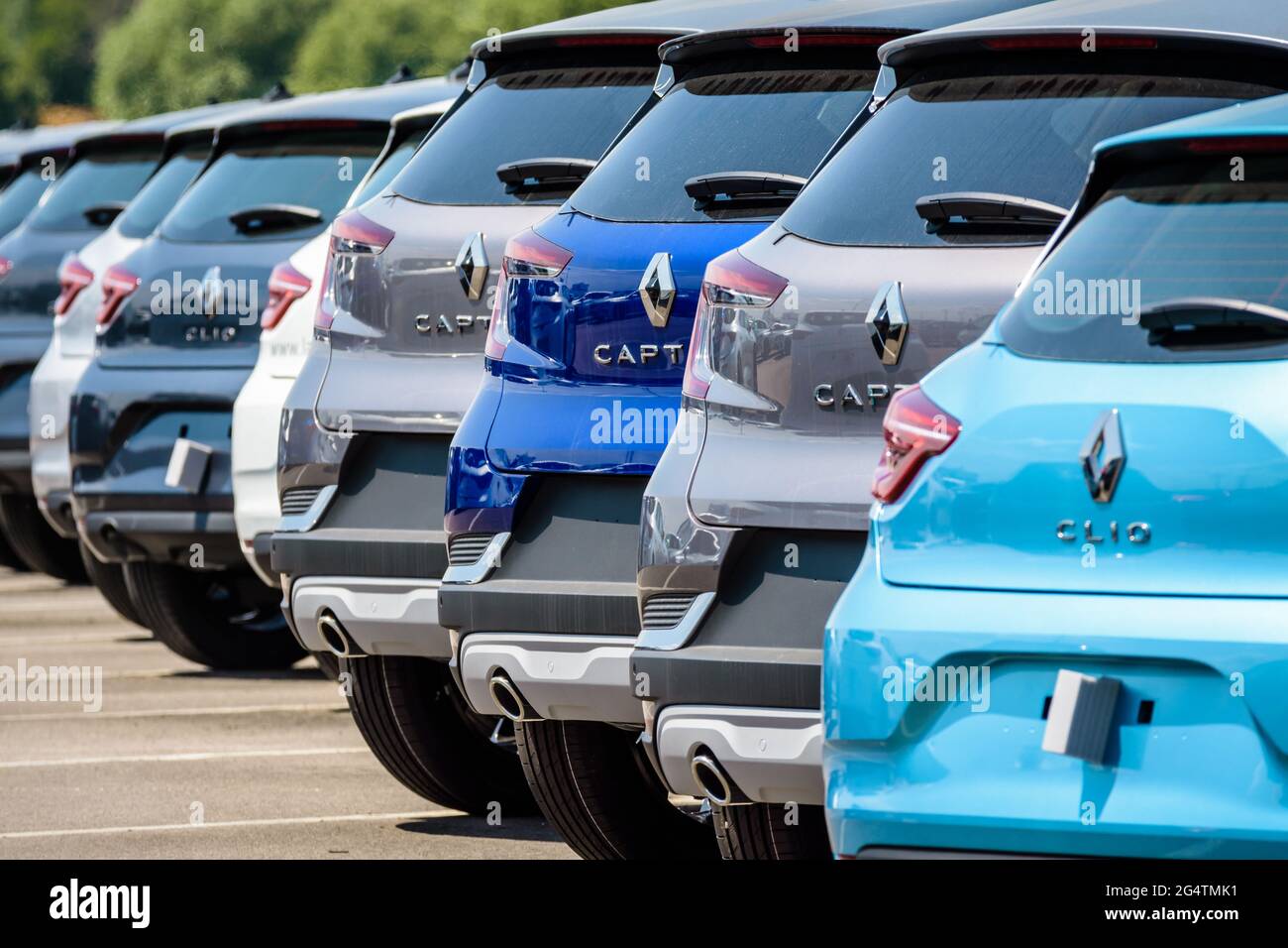 Brand new Renault cars lined up in the parking lot of the roll-on/roll ...