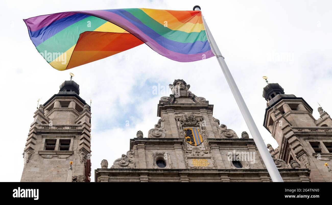 Leipzig, Germany. 23rd June, 2021. A hoisted rainbow flag flies over ...