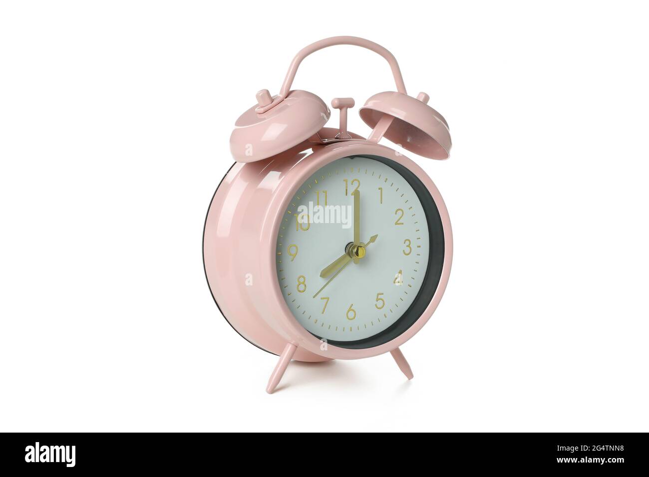 Pink alarm clock isolated on white background Stock Photo - Alamy