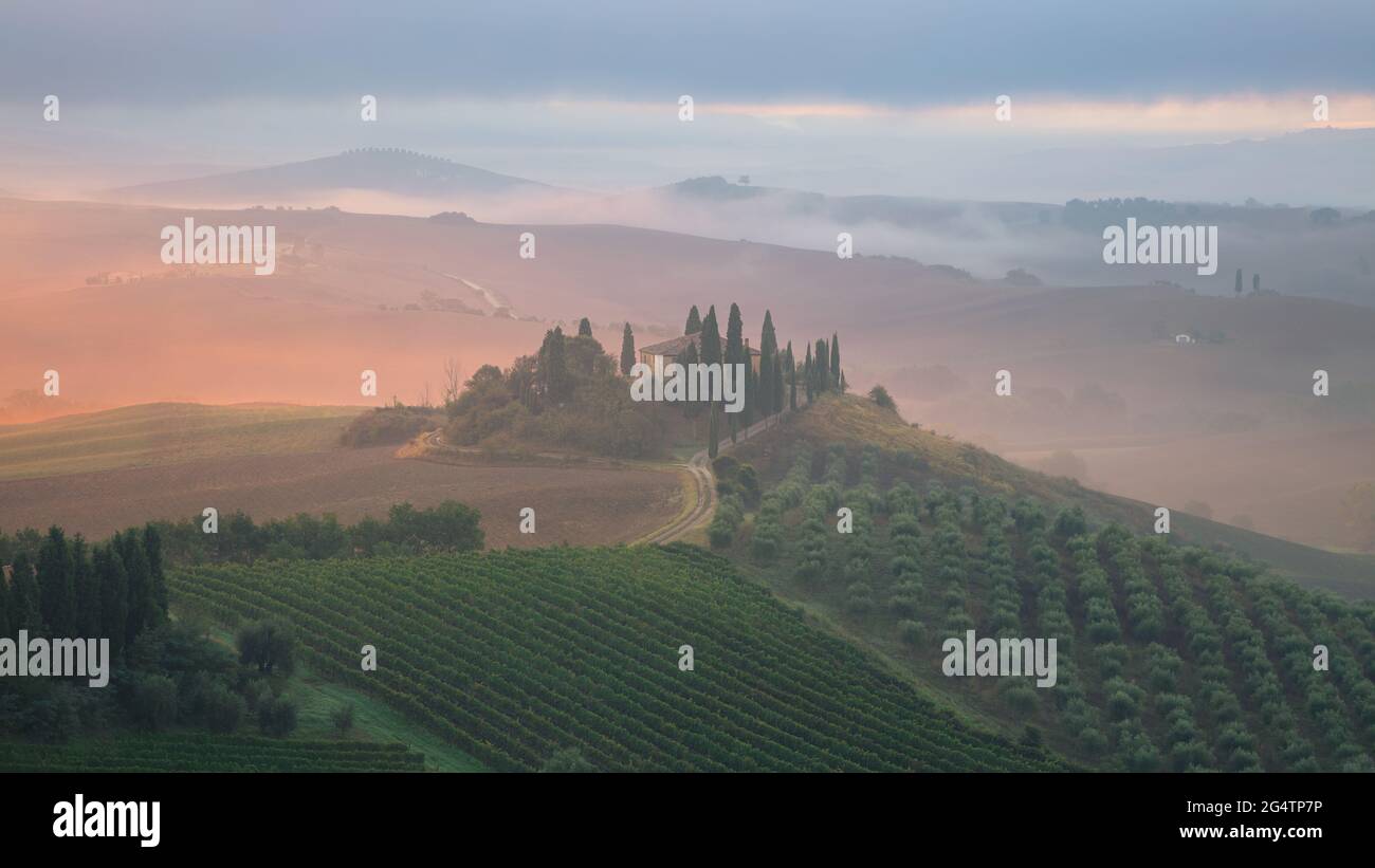 Tuscany Sunrise. Image of iconic Tuscany landscape during foggy autumn ...