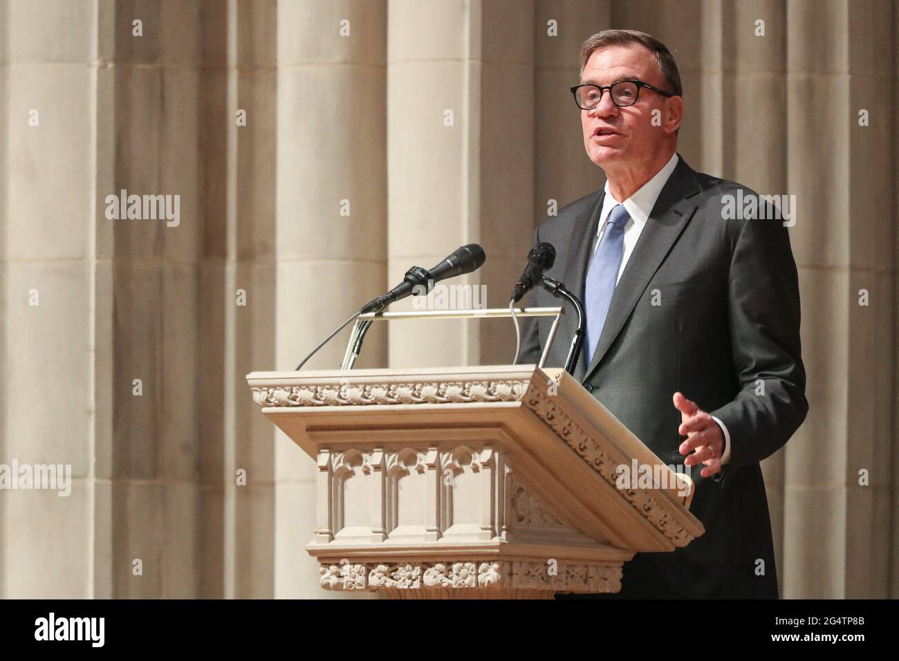 The Honorable Mark R. Warner, Senator (D-VA) speaks during the funeral ...
