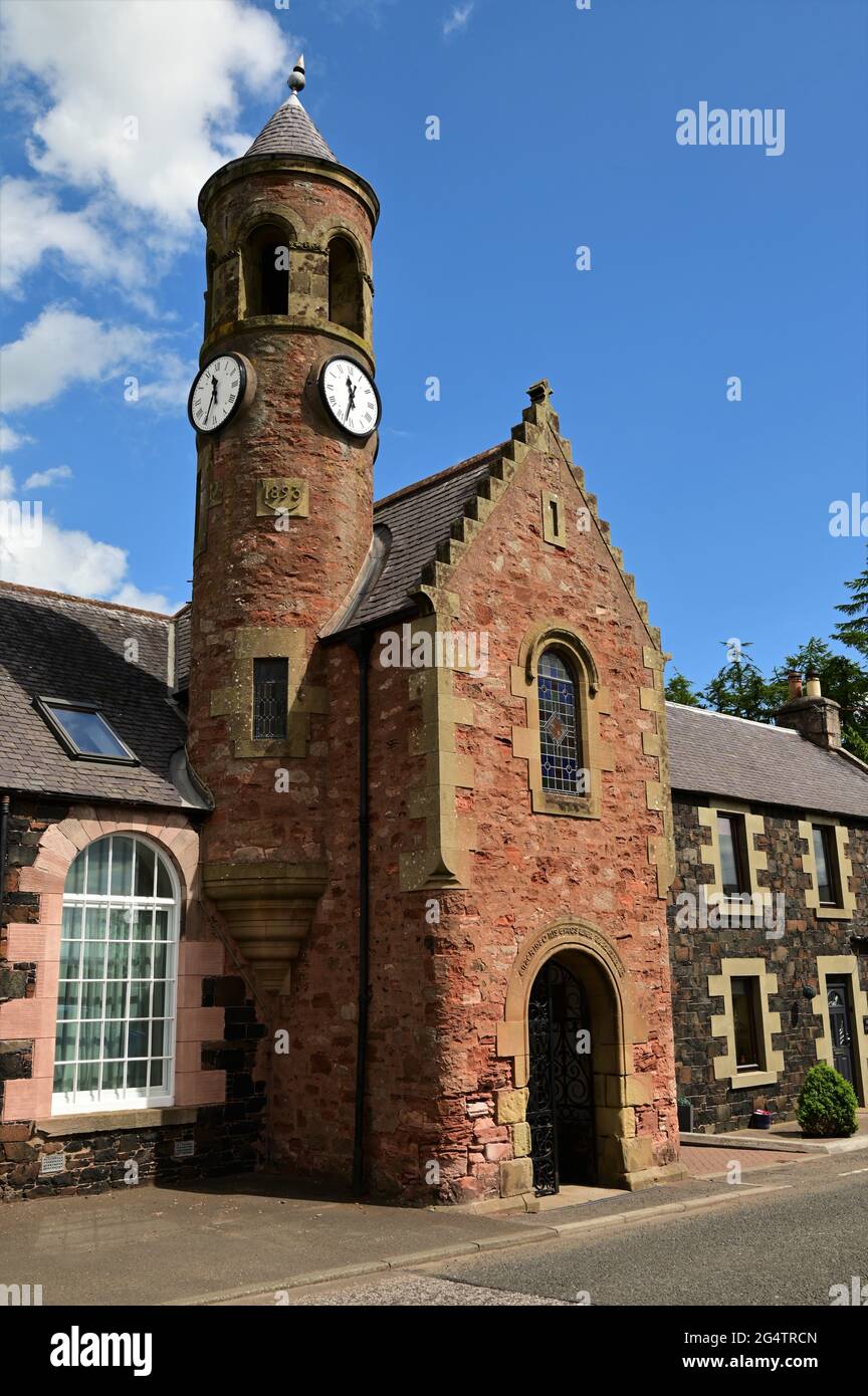 An exterior view of an old stone clock tower building in the Scottish ...