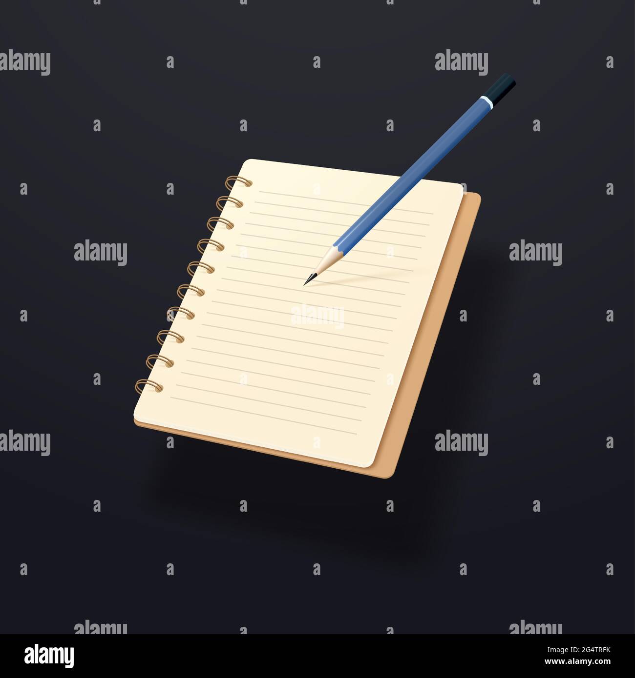Blue pencil and yellow notepad isolated on dark background. Vector ...