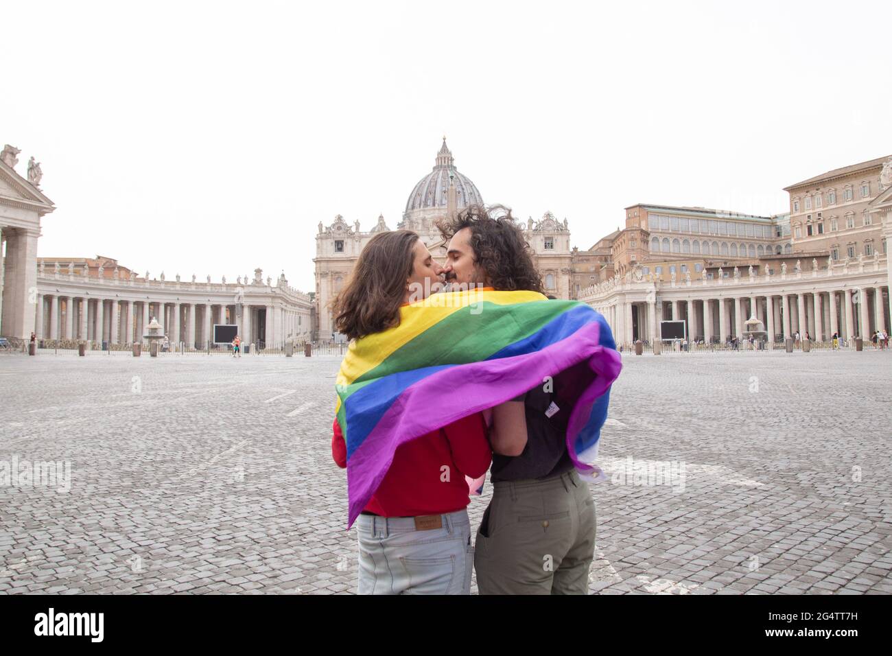 Two activists of LGBT community of Rome kiss in front of St. Peter's ...