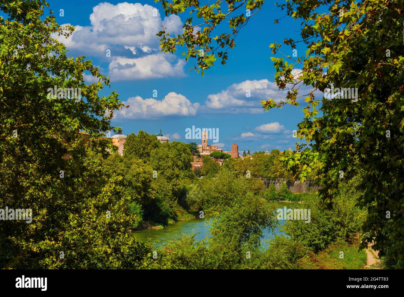 Nature in Rome. View of the city old historic center from River Tiber ...