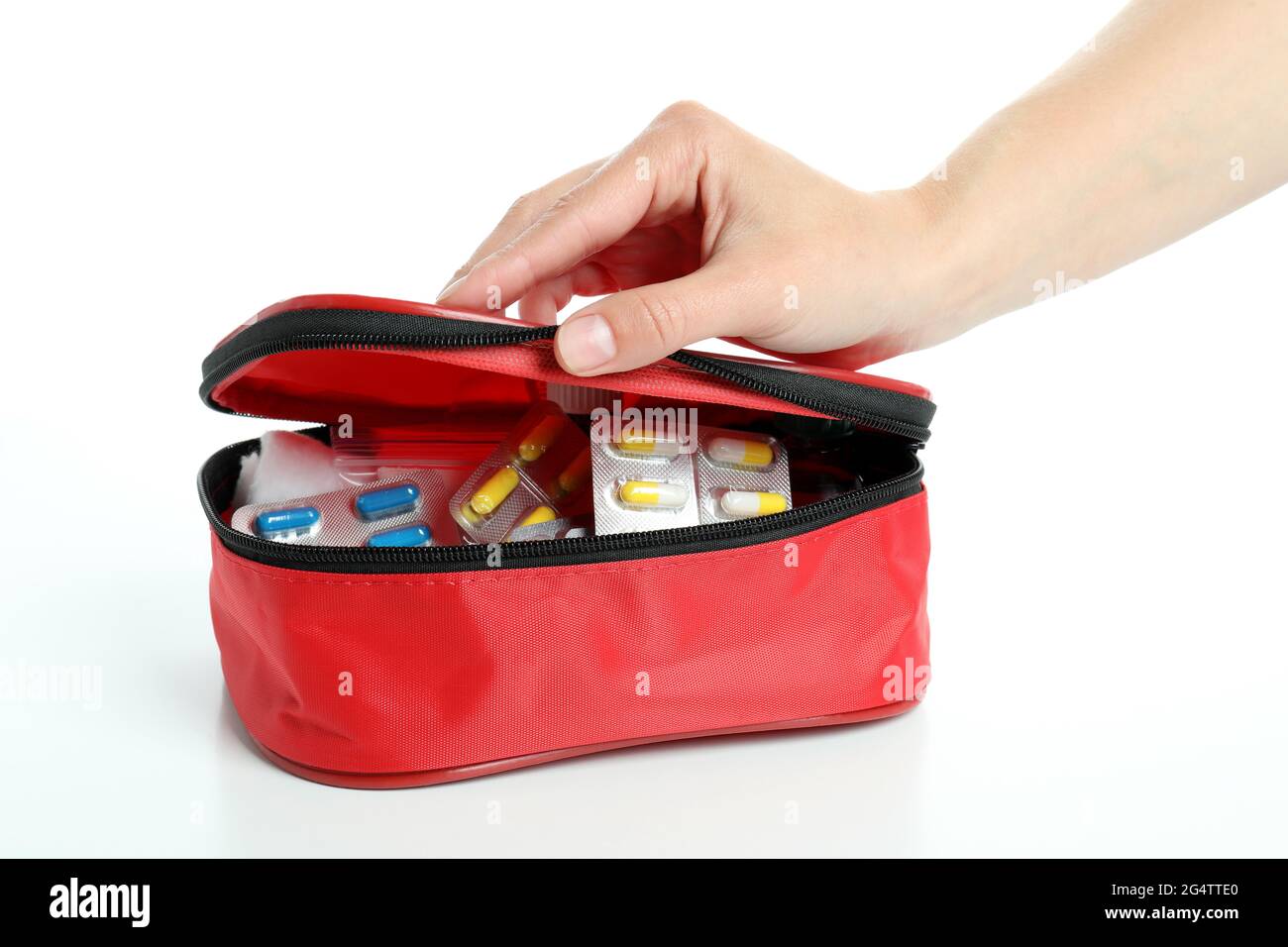 Female hand hold first aid medical kit, isolated on white background ...
