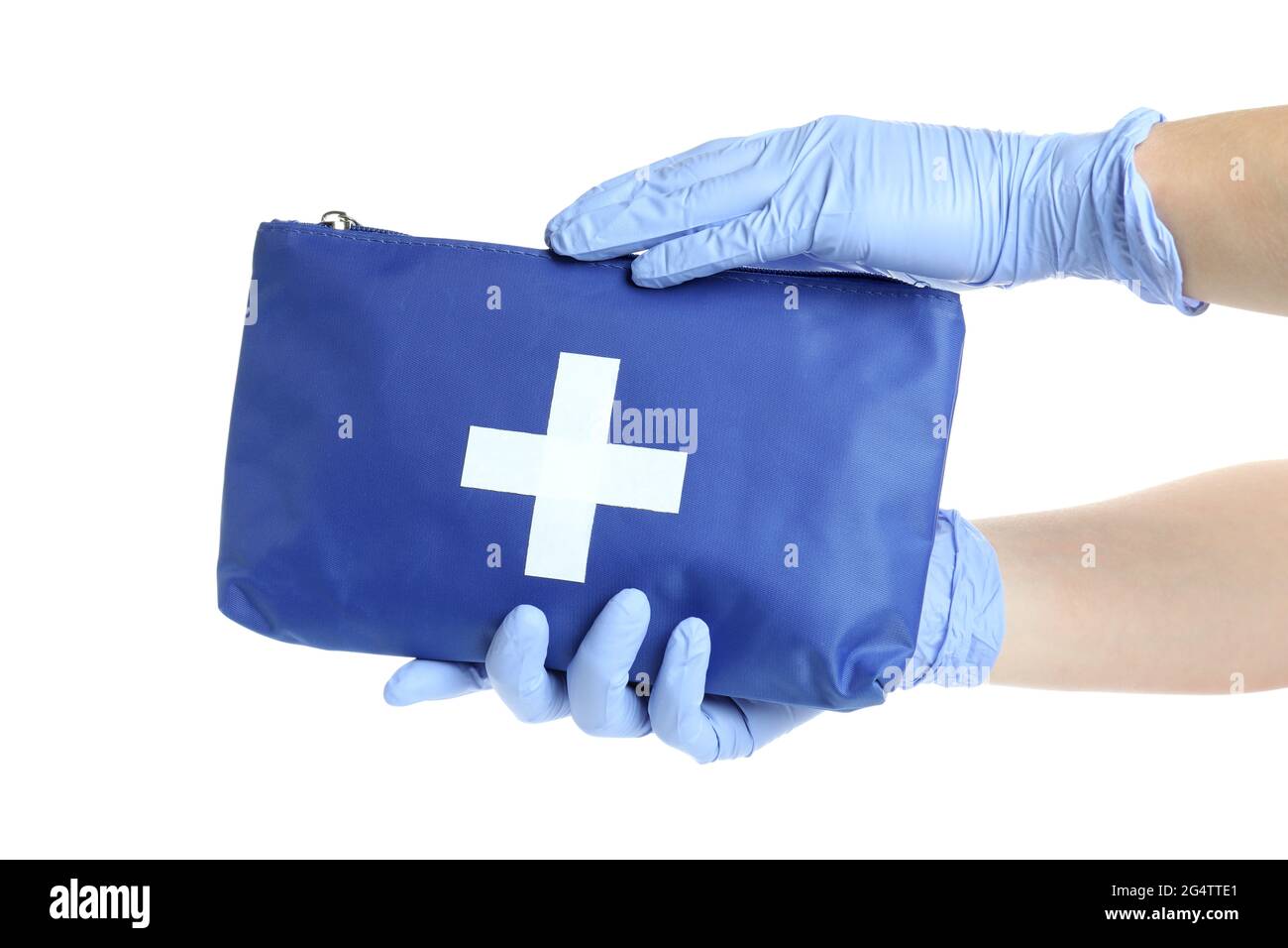 Female hands in gloves hold first aid medical kit, isolated on white ...