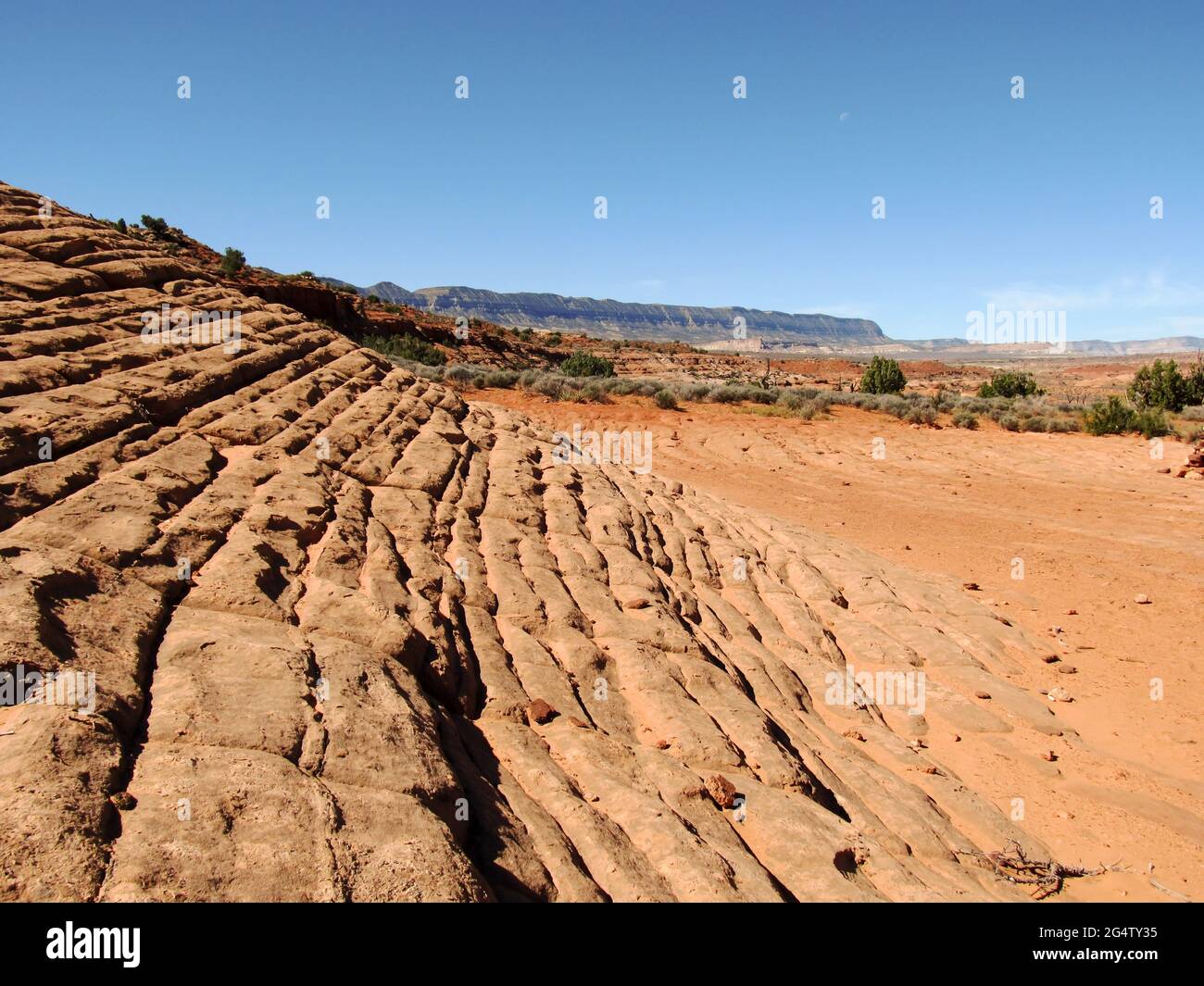View along a weathered and jointed Sandstone outcrop in the Utah Desert ...