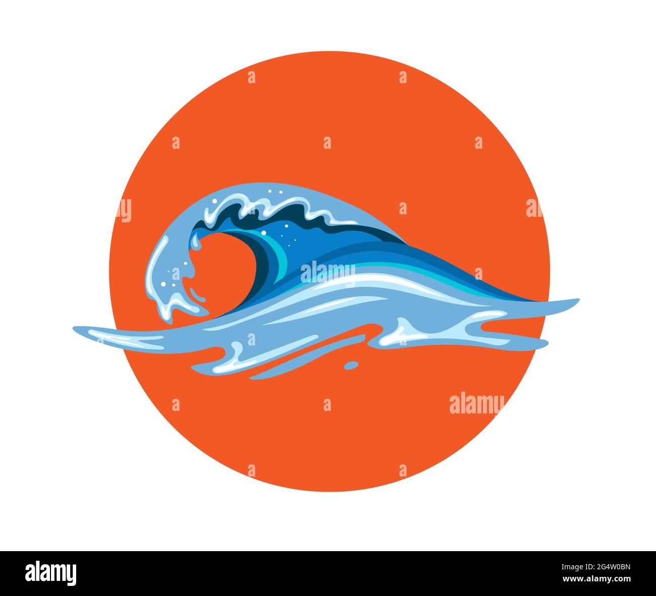 Japanes Tsumani wave in flat cartoon style. Big blue tropical water ...