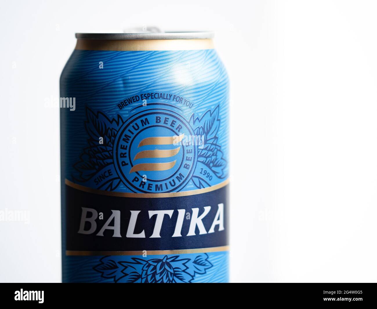 In this photo illustration, Can of Baltika 7 beer seen on the white ...