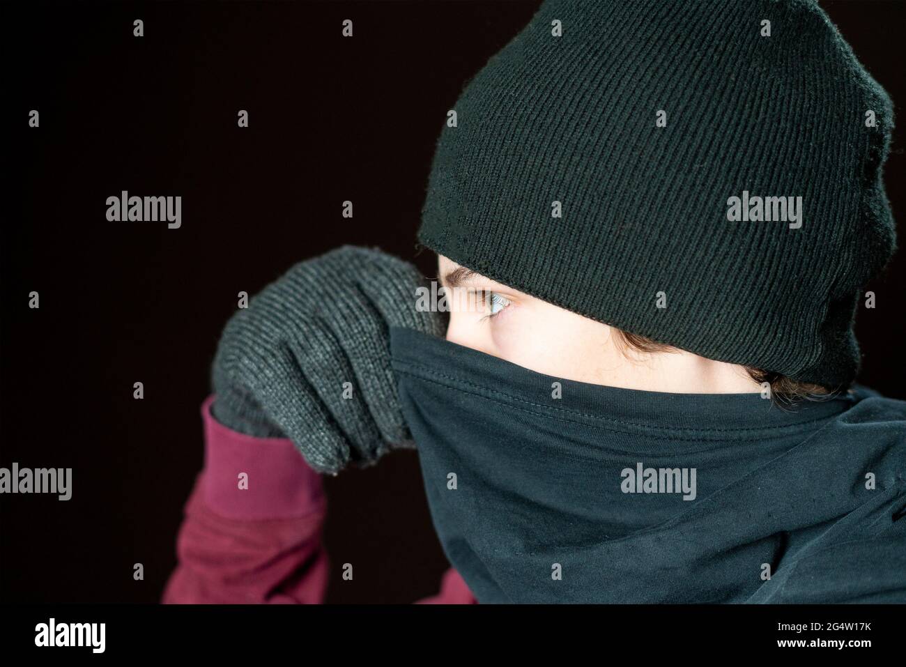 portrait of male bandit wear black bandana gloves and hat isolated on ...