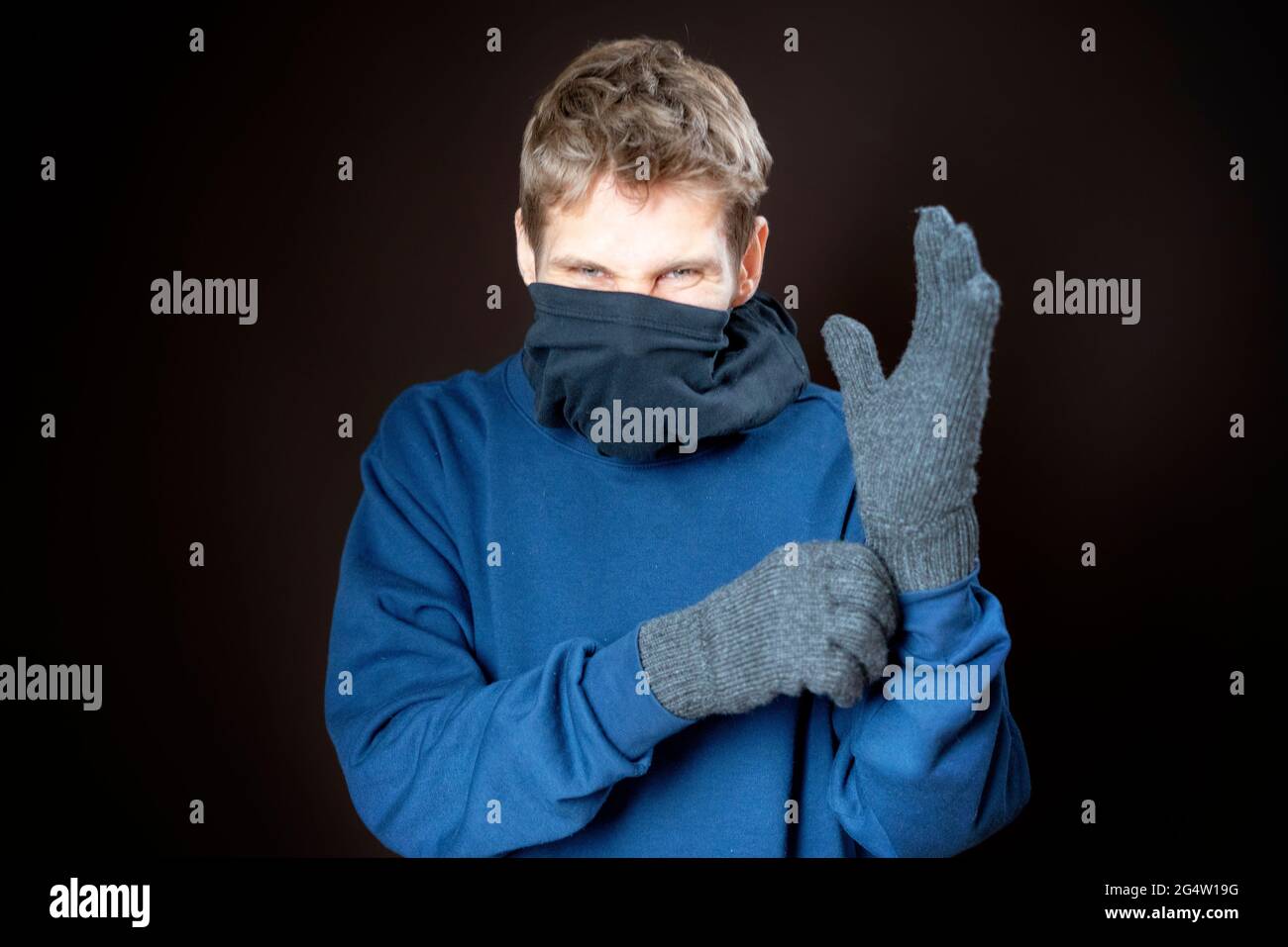 portrait of male bandit wear black bandana gloves and hat isolated on ...