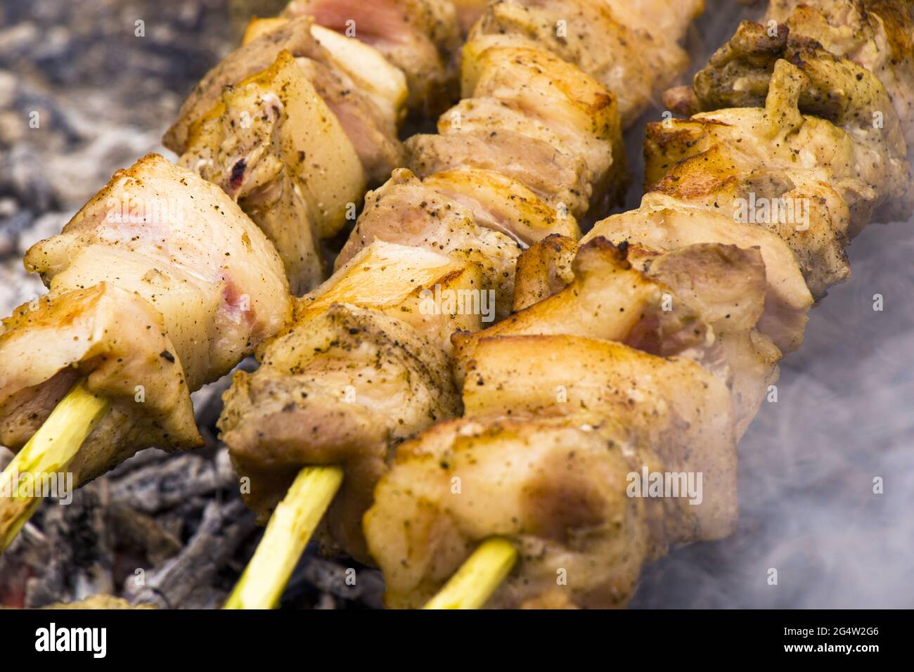 Closeup shot of Georgian traditional dish Mtsvadi on the fire Stock ...
