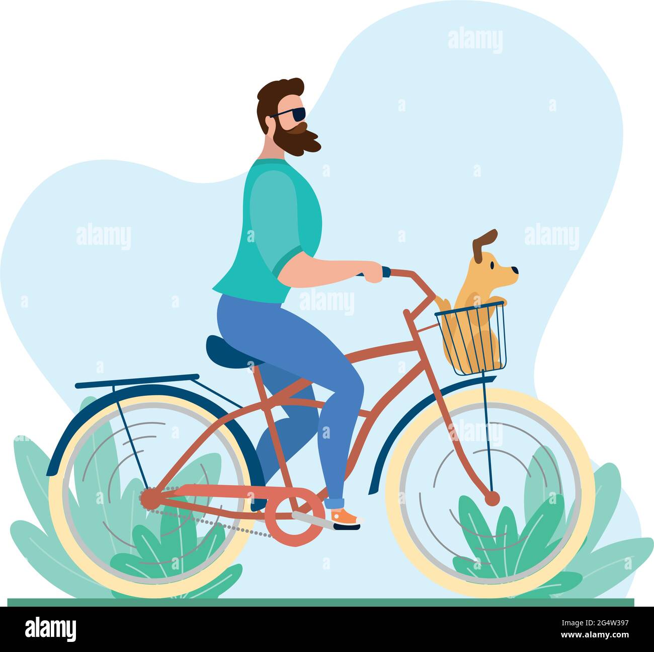 Man riding a classic bicycle with a dog in a basket Stock Vector Image ...