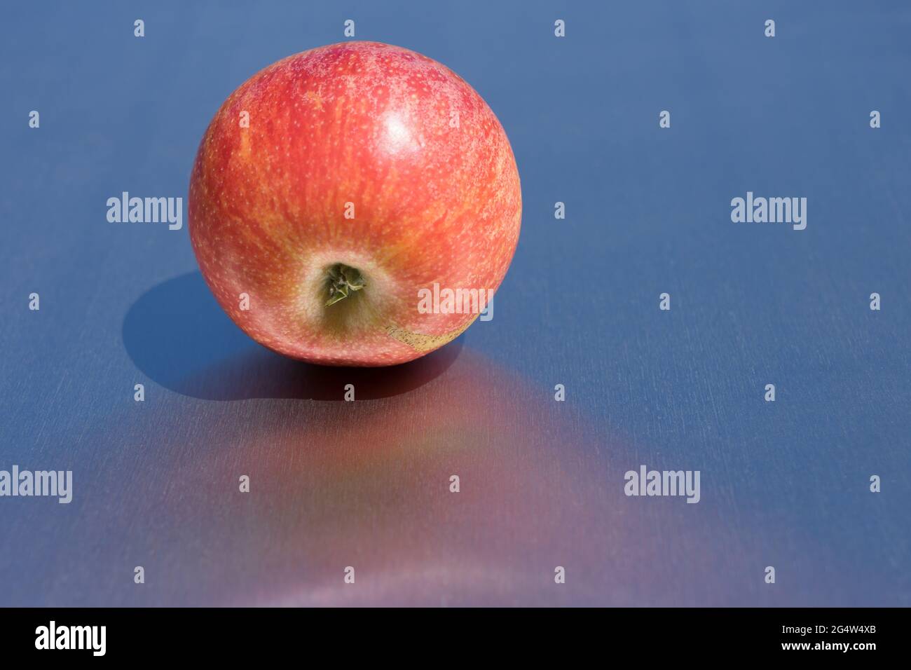 fresh red apple in the sun and reflection on clean blue metallic ...