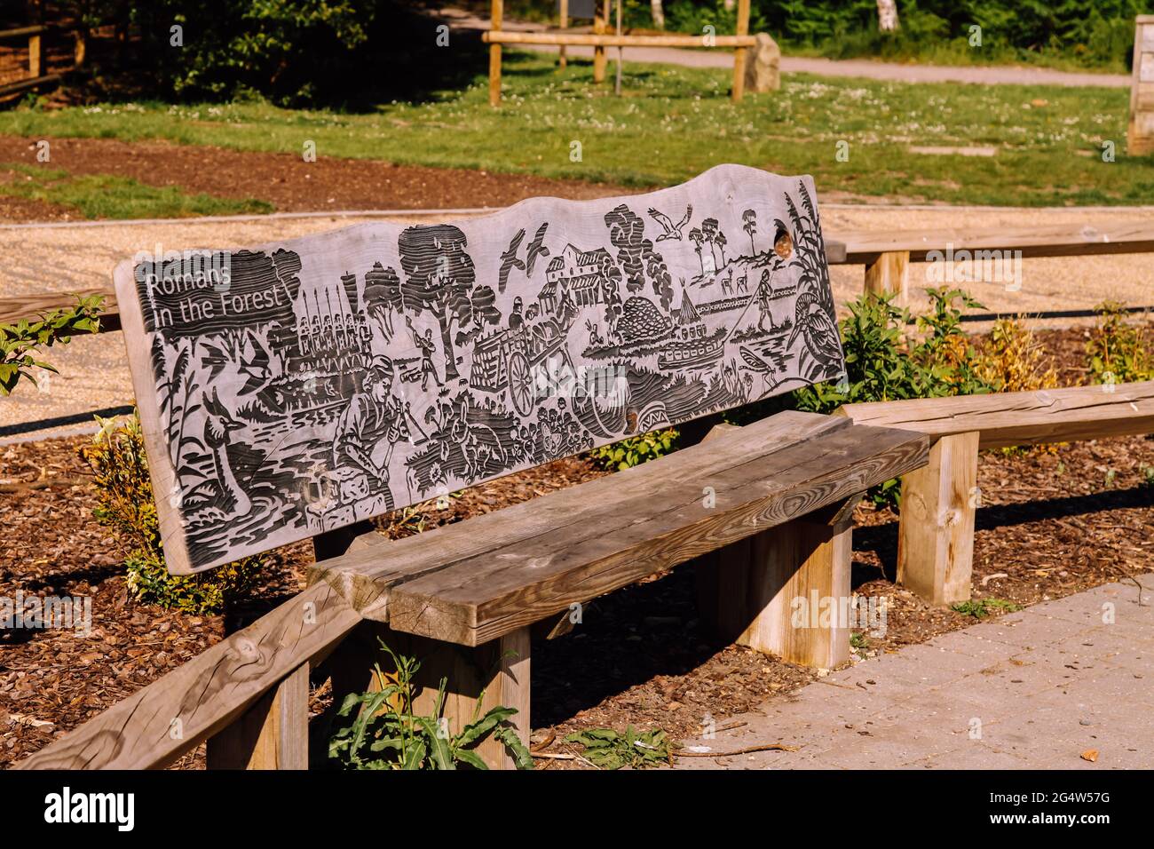 Romans in the Forest carving on back of bench, Alice Holt Forest, Alton ...