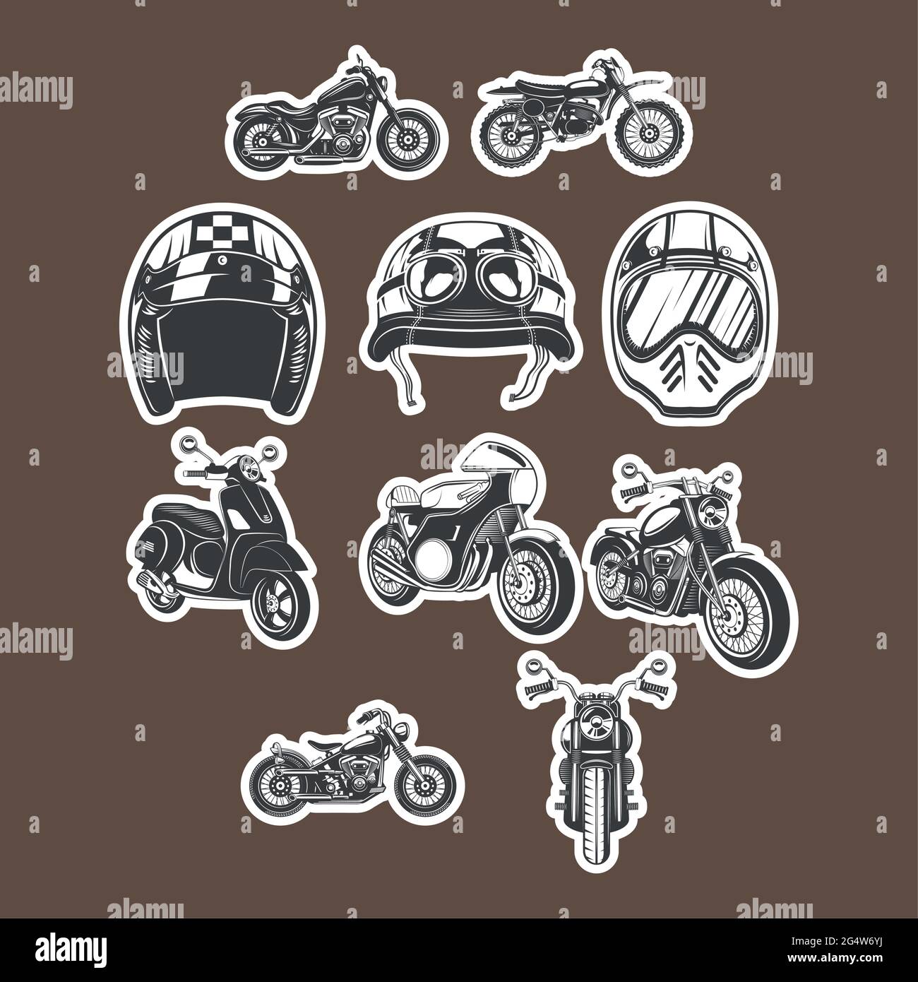 motorcycle and helmet labels icon set on brown background Stock Vector ...