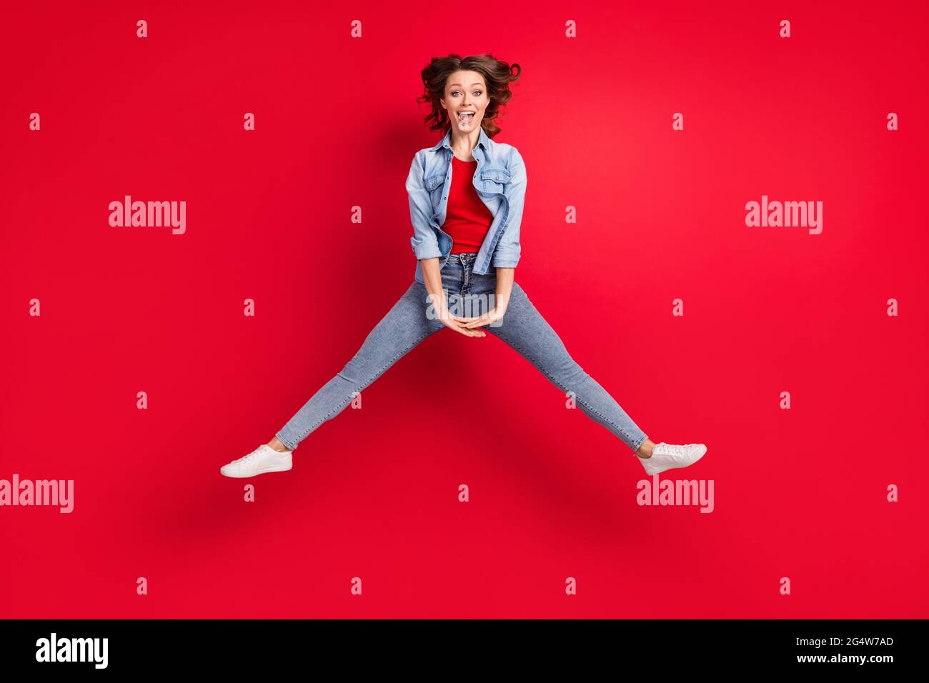 Full length body size photo of careless cheerful girl jumping up ...