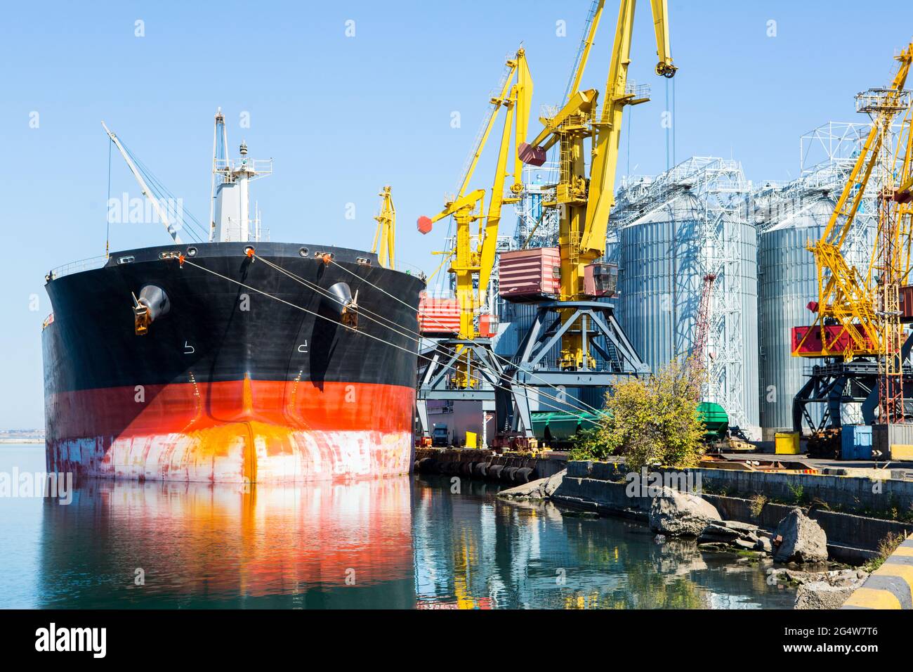 Panamax bulk carrier loaded with wheat. Ship at grain terminal. Port ...