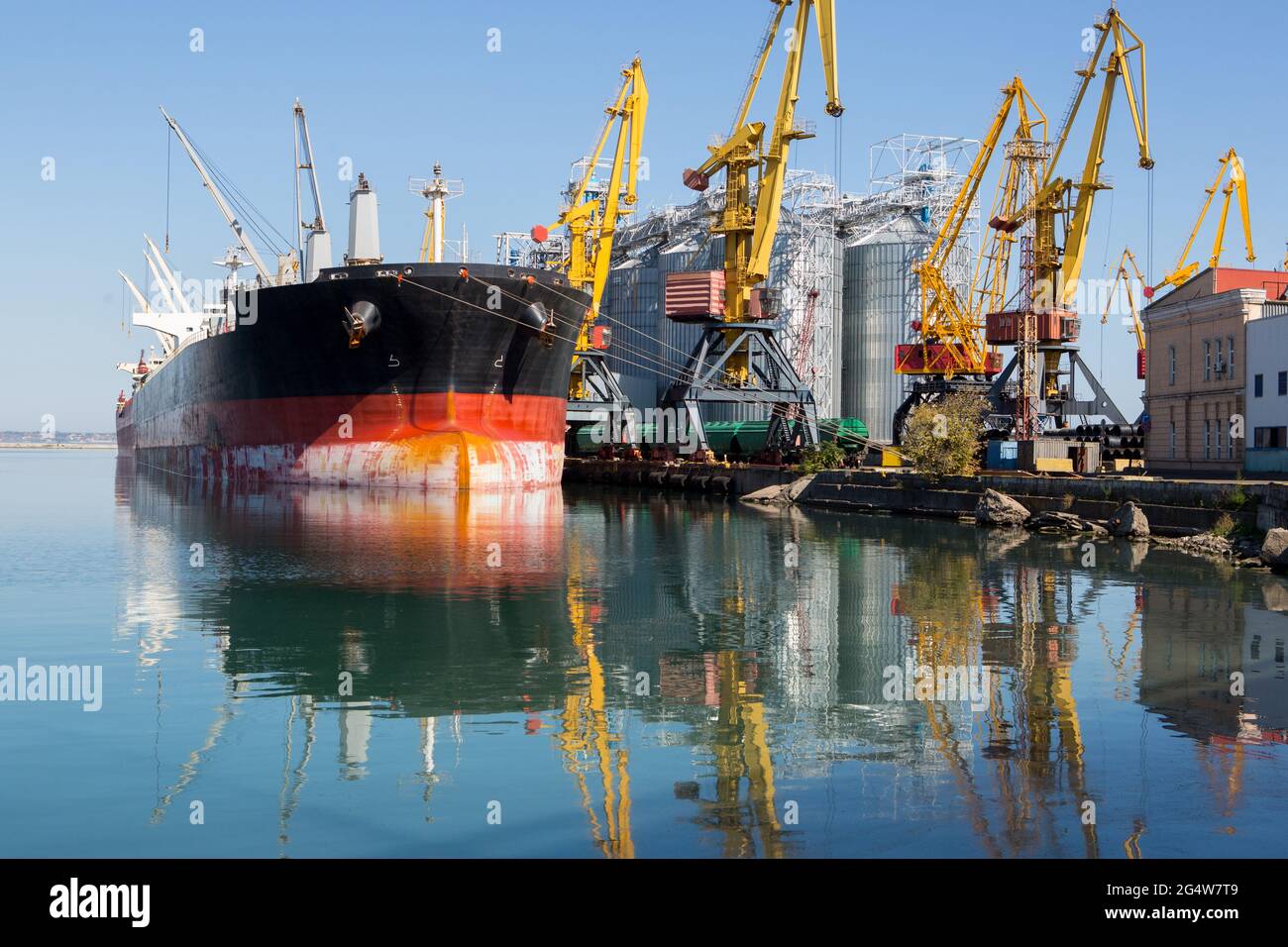 Panamax bulk carrier loaded with wheat. Ship at grain terminal. Port ...