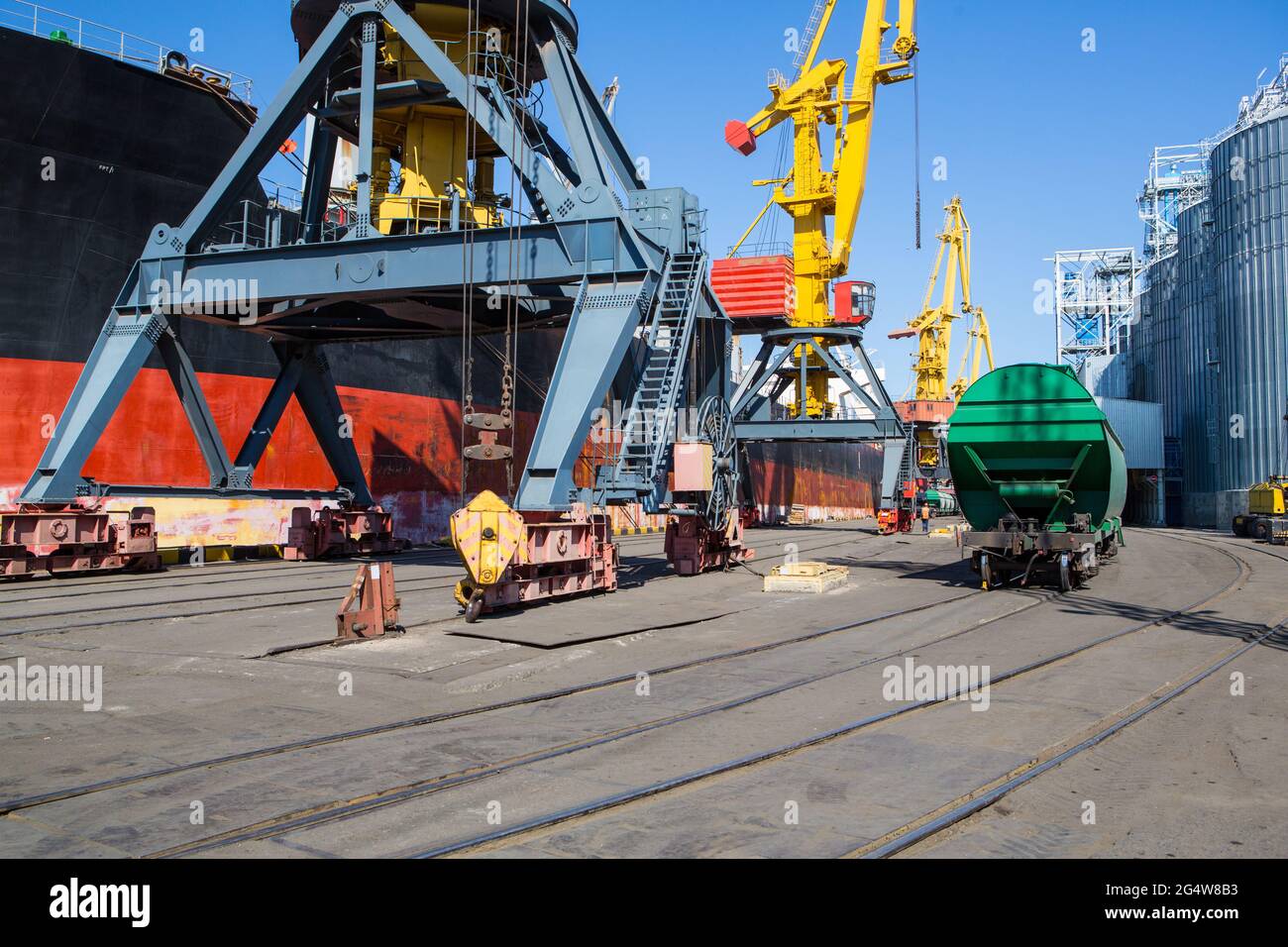 Panamax bulk carrier loaded with wheat. Ship at grain terminal. Port ...