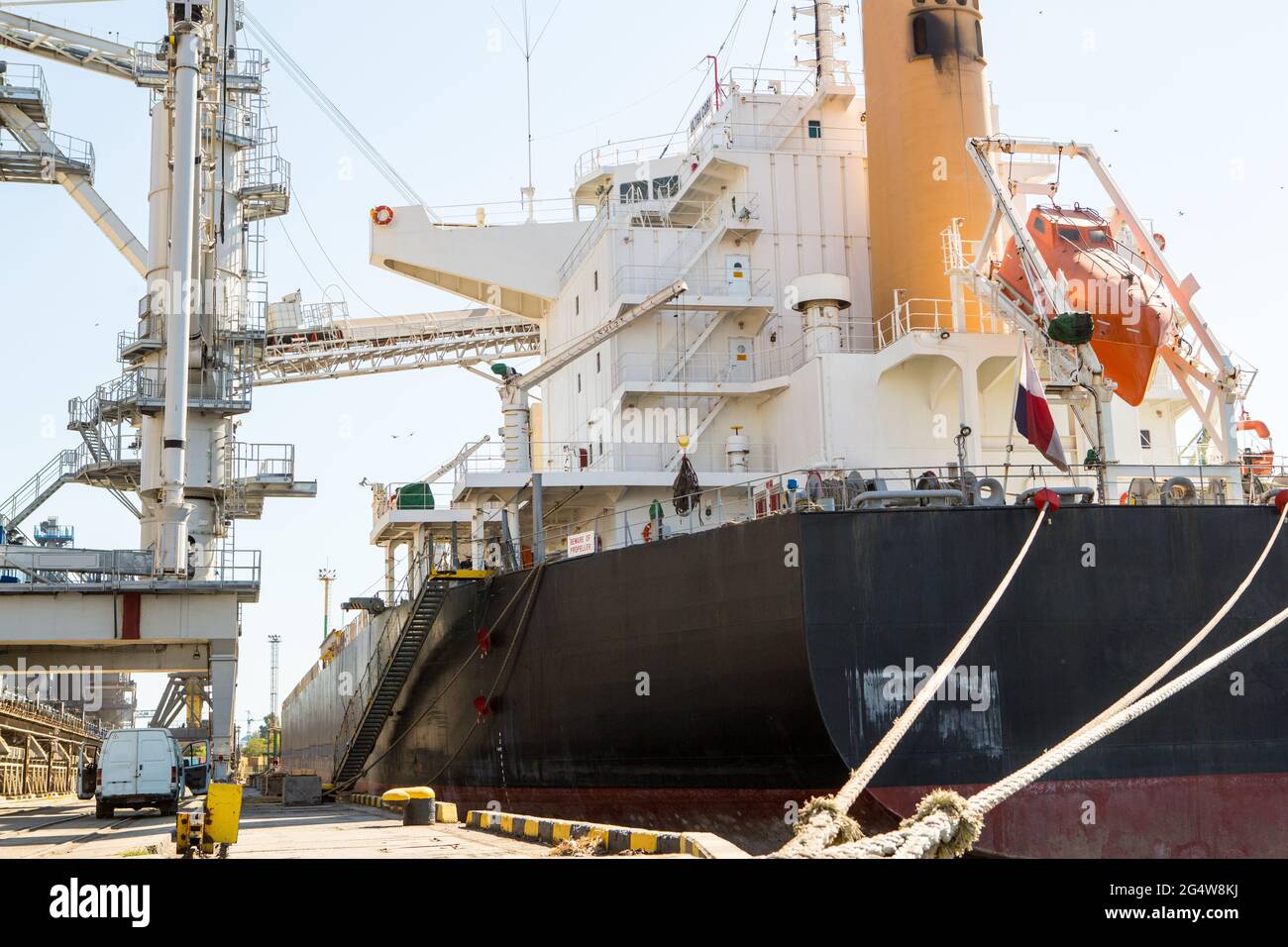 Panamax bulk carrier loaded with wheat. Ship at grain terminal. Port ...