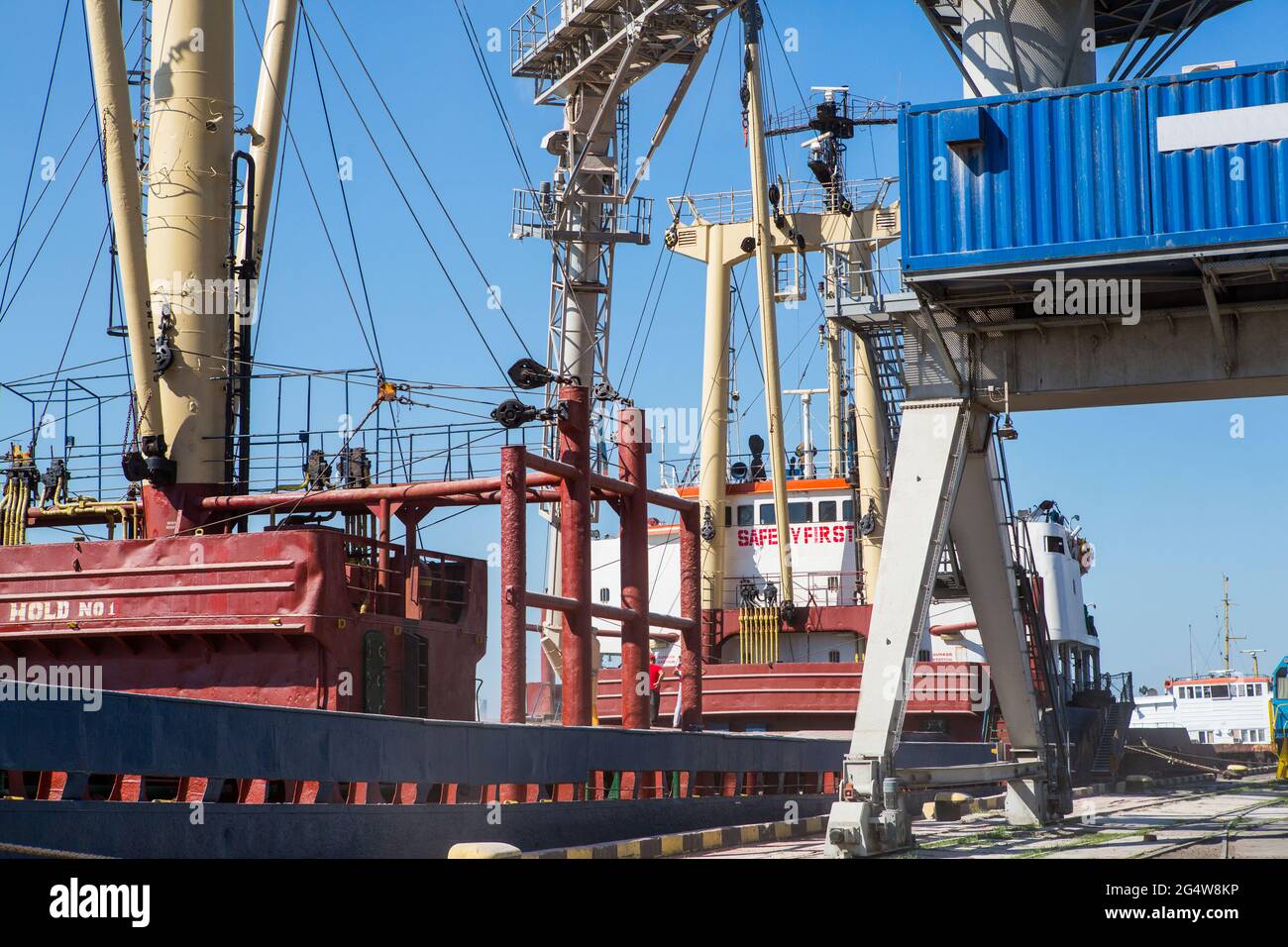 Port grain elevator close up. Industrial sea trading port bulk cargo ...