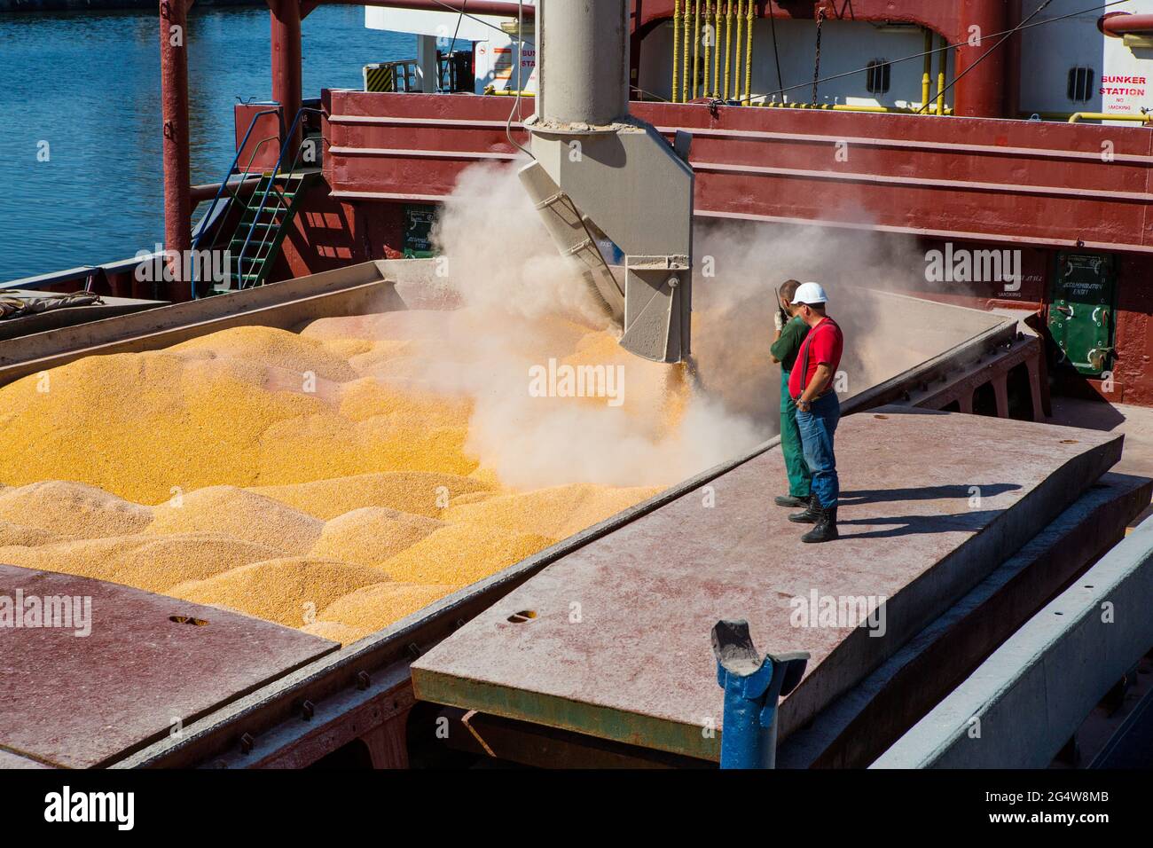 Corn in bulk carrier hold. Casting hold of corn. Elevator crane loads ...