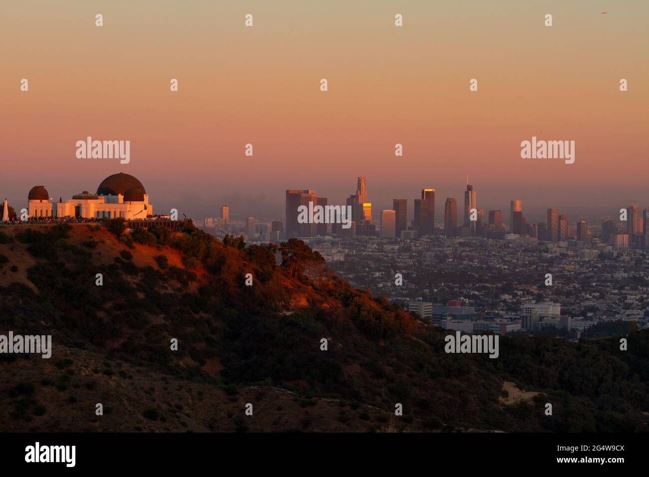 Sunset at Griffith Observatory with the Los Angeles skyline in the ...