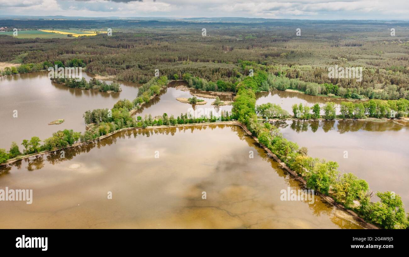 Aerial fresh spring landscape. Stunning view of fishpond systems ...