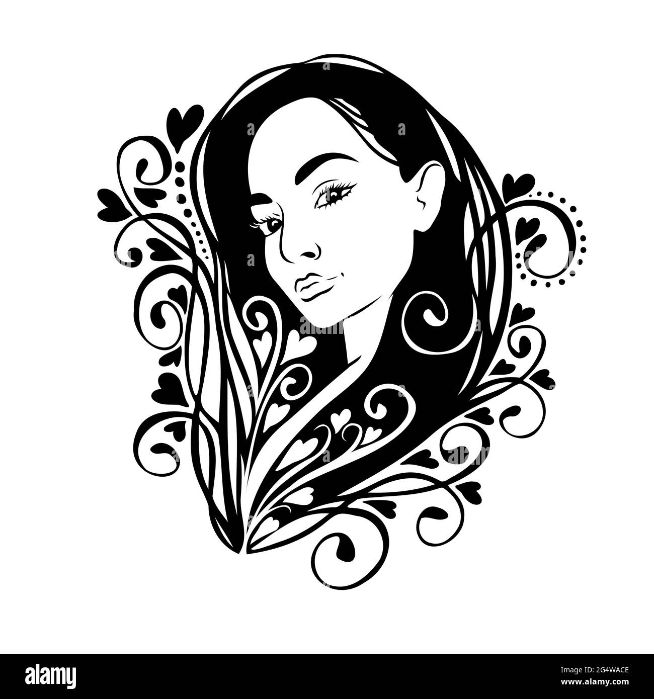 The beautiful monochrome graphic face of the girl. Portrait in flowers ...