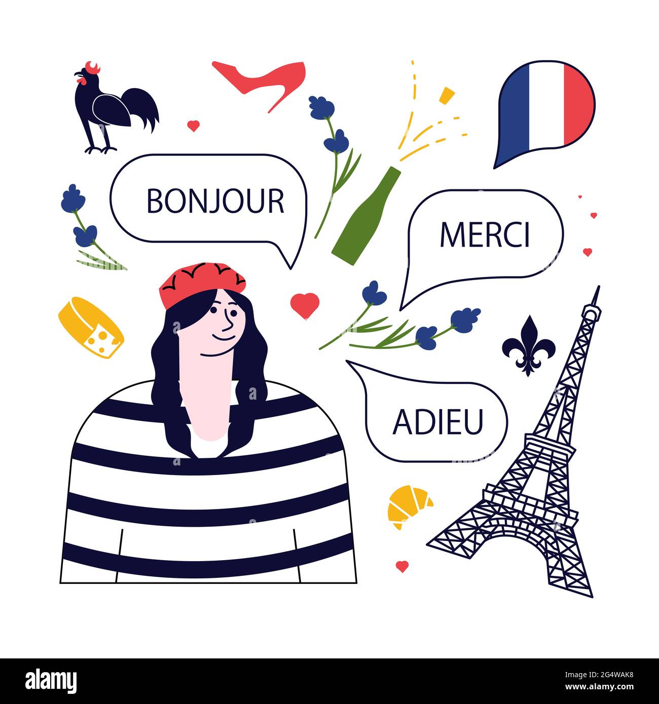 Concept of French language course or school. Male student with Hello ...