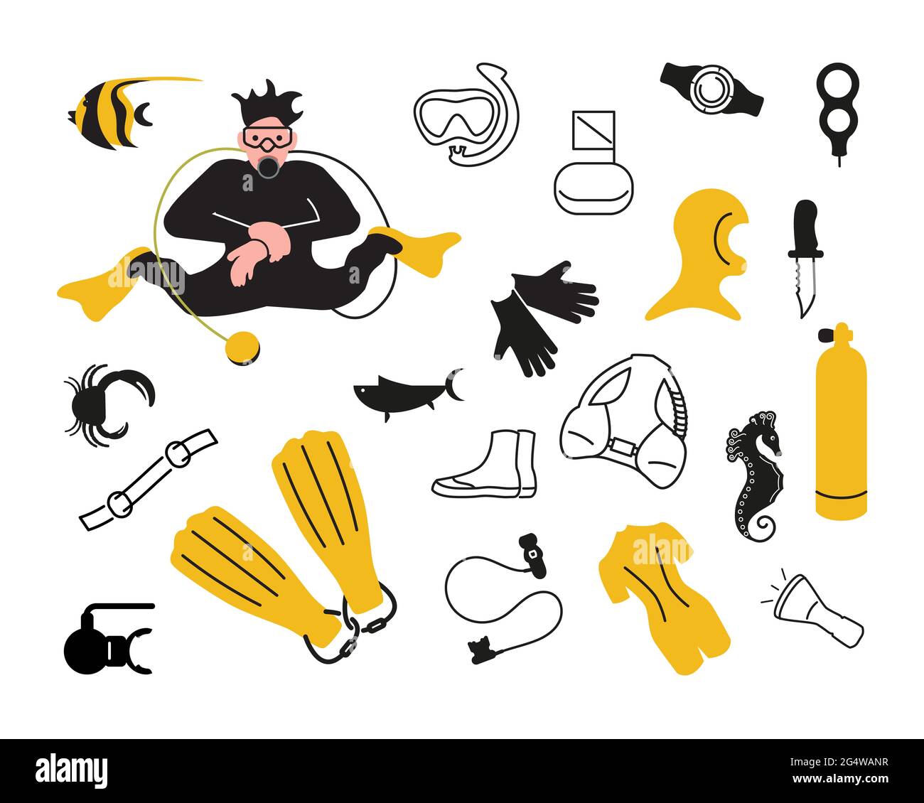 Set of scuba diver and diving equipment. Elements for underwater ...