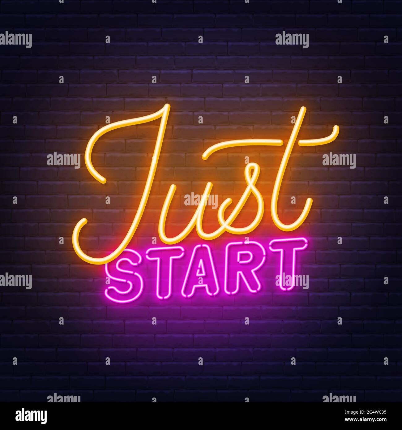Just start neon lettering on brick wall background. Vector illustration ...