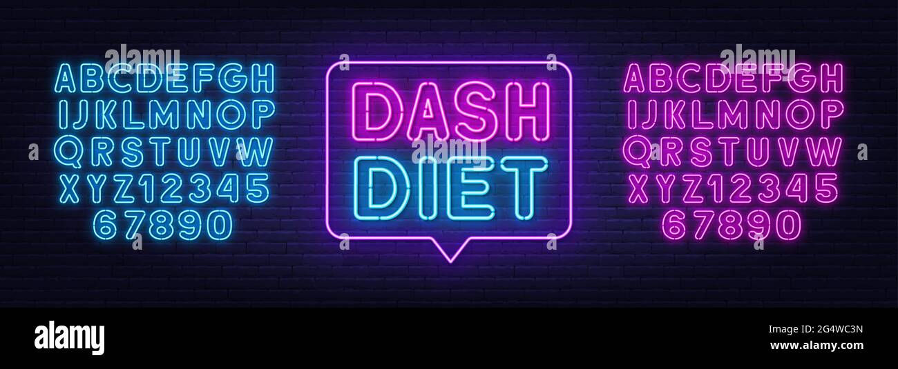 Dash Diet neon sign in frame on brick wall background. Pink and blue ...