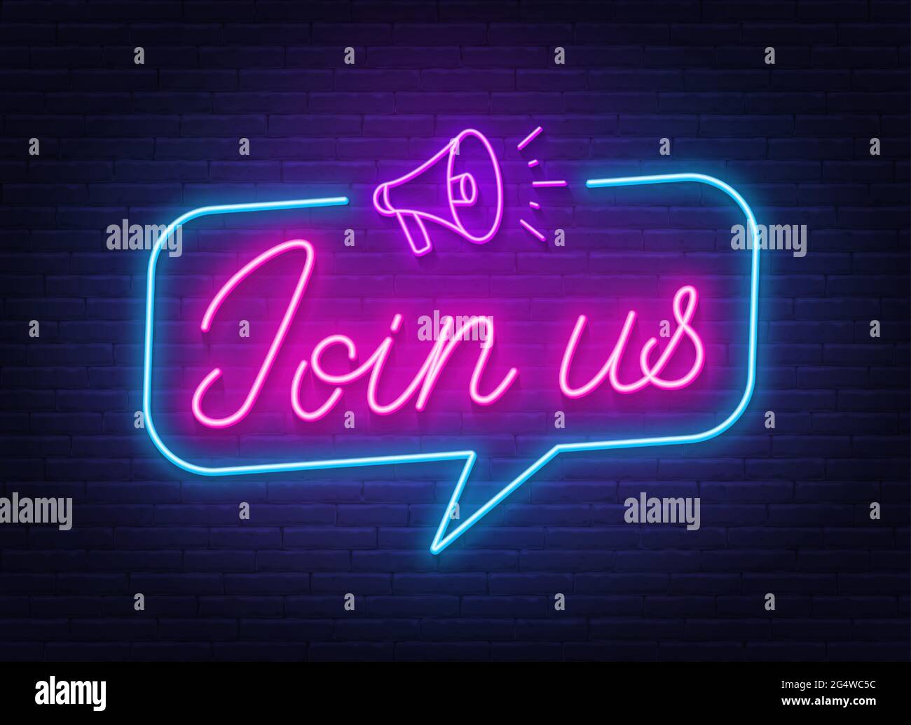 Join us neon sign in the speech bubble on brick wall background Stock ...