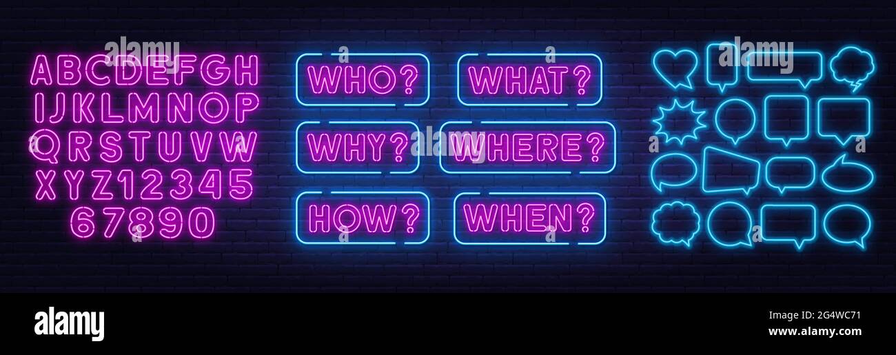Who Why How What When Where neon sign on brick wall background. Pink ...