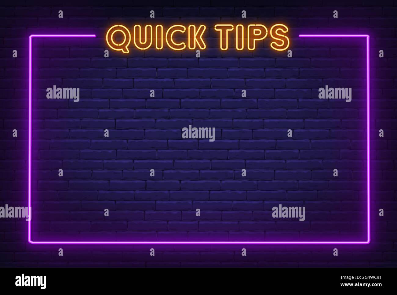Quick Tips neon sign with frame on brick wall background. Template for ...